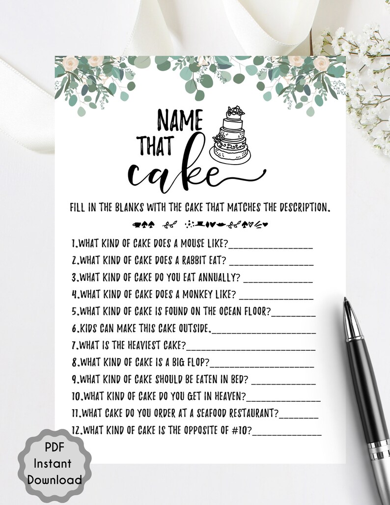 Name That Cake Bridal Shower Game L Newlywed Party L Greenery Bridal ...