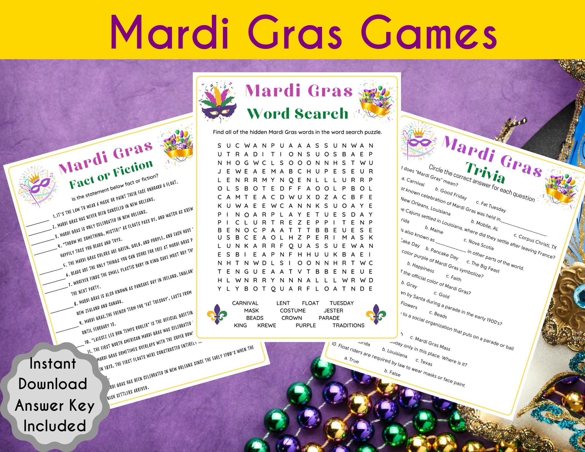 Mardi Gras Games Pack | Mardi Gras Printable Game for Kids & Adults ...