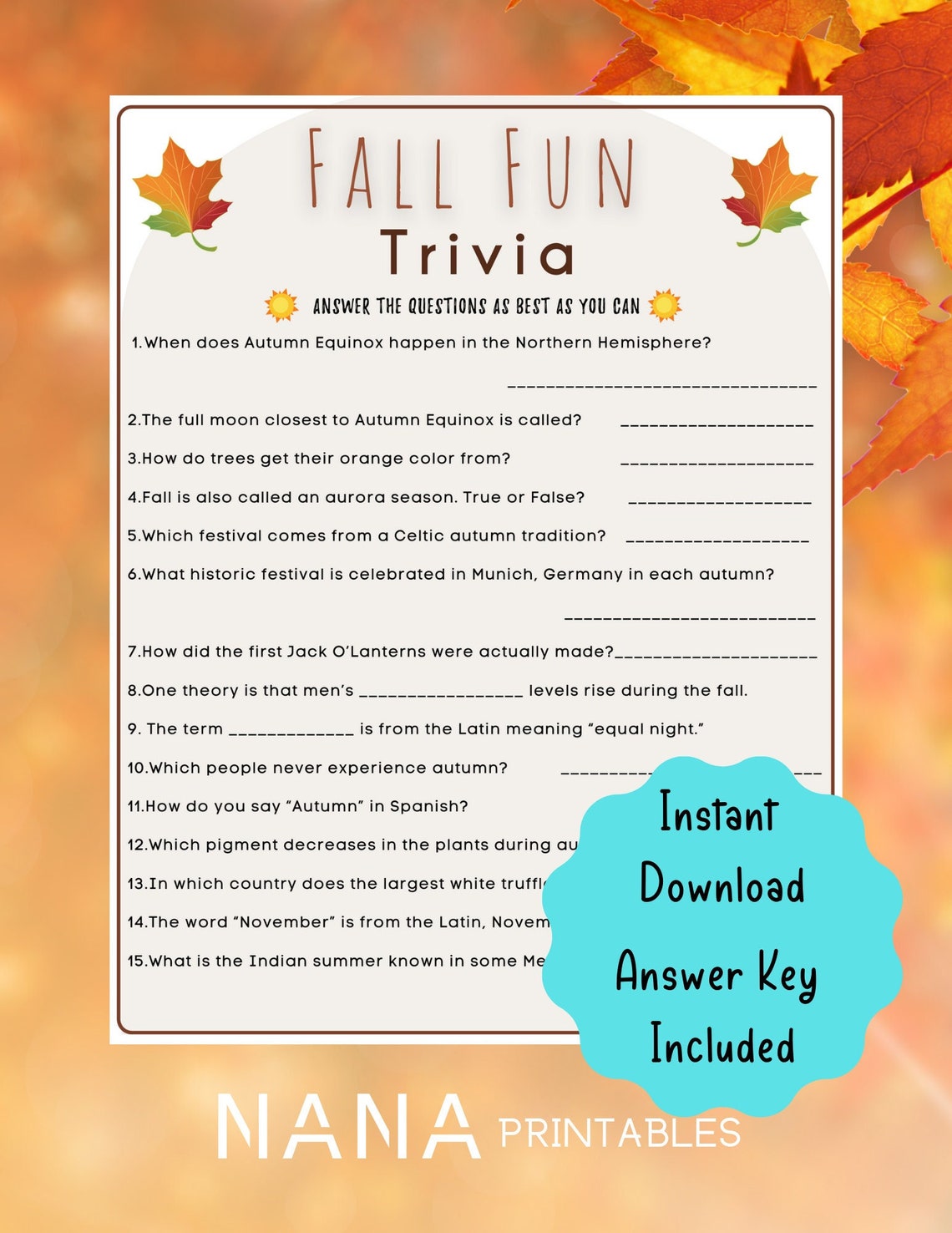 Fall Fun Trivia Game Autumn Days Trivia Quiz Fall Fun Game - Etsy