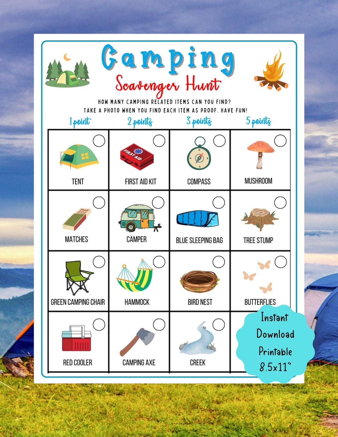 Camping Scavenger Hunt Game | Fun Printable Camping Game | Campsite ...