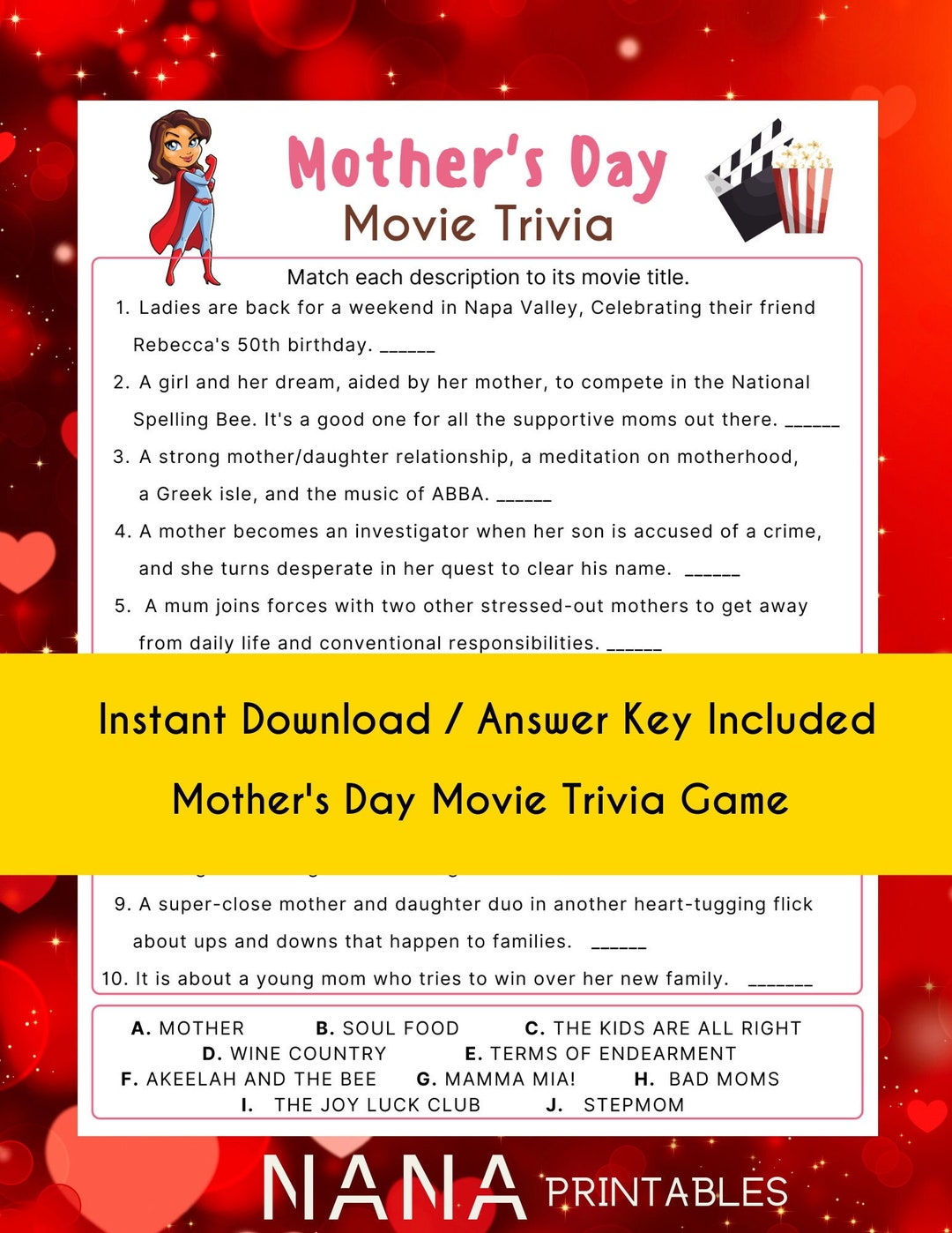Mother's Day Movie Trivia Game Mother's Day Game for Kids & Adults ...