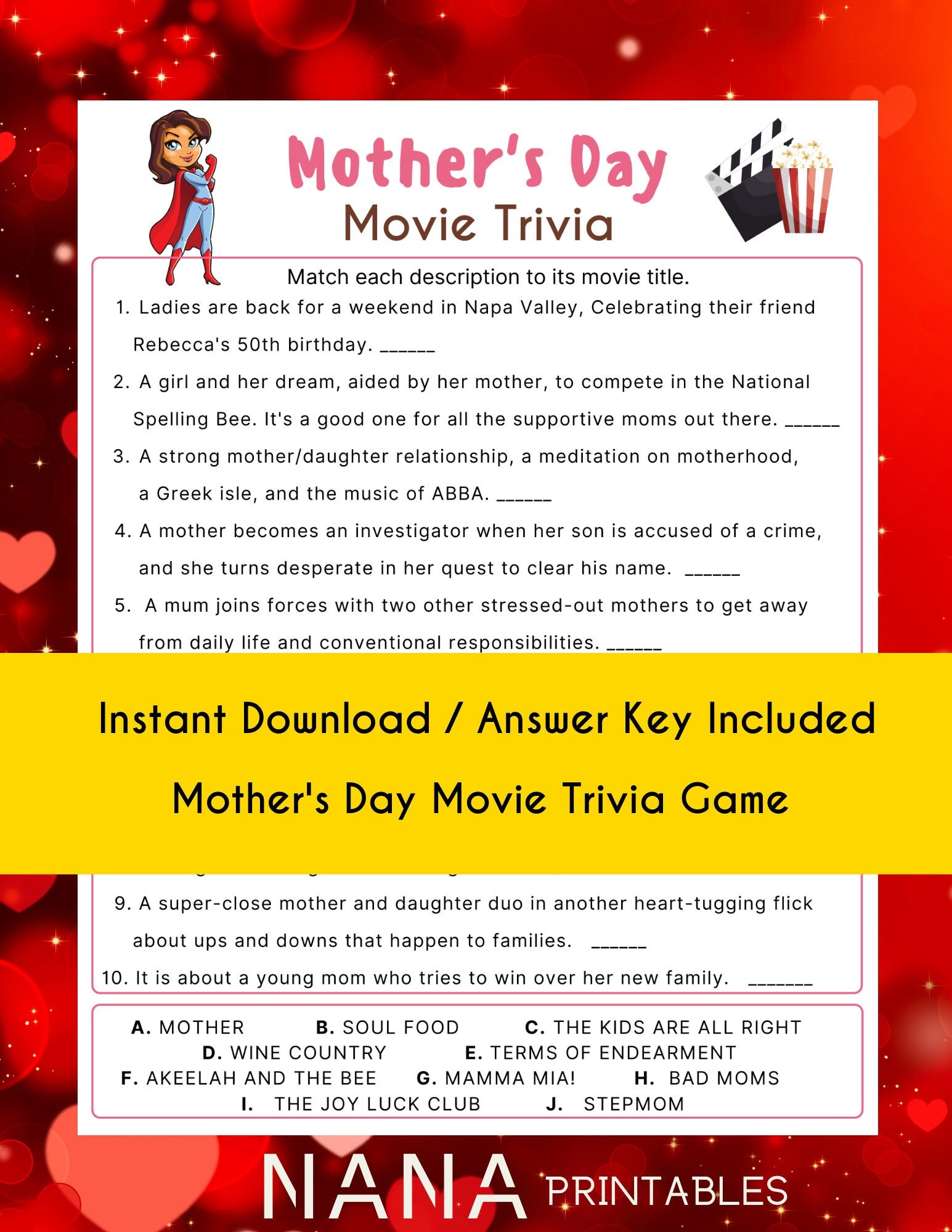 Mother's Day Movie Trivia Game Mother's Day Game for Kids & Adults ...