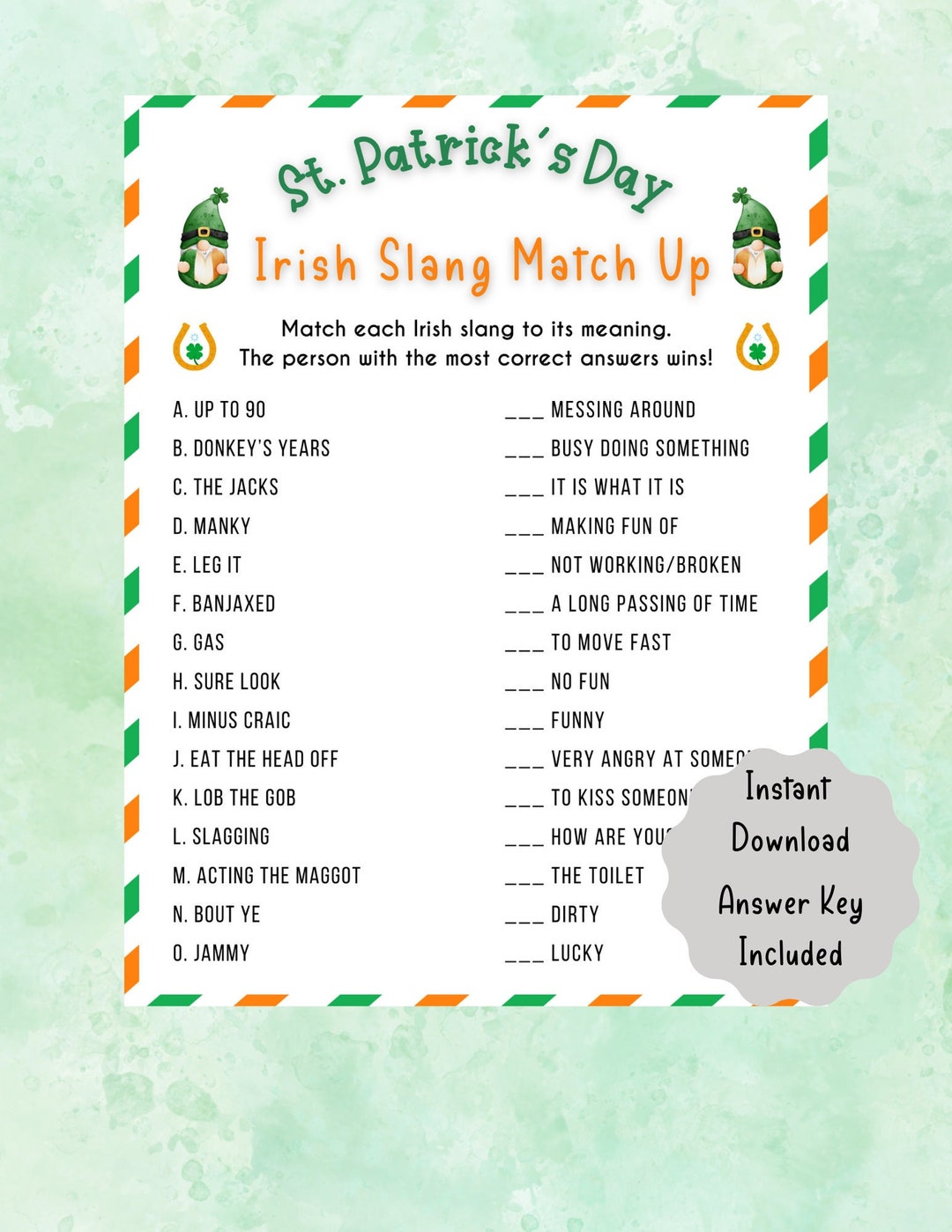 St. Patrick's Day Irish Slang Match up Printable Game, St. Patrick's ...