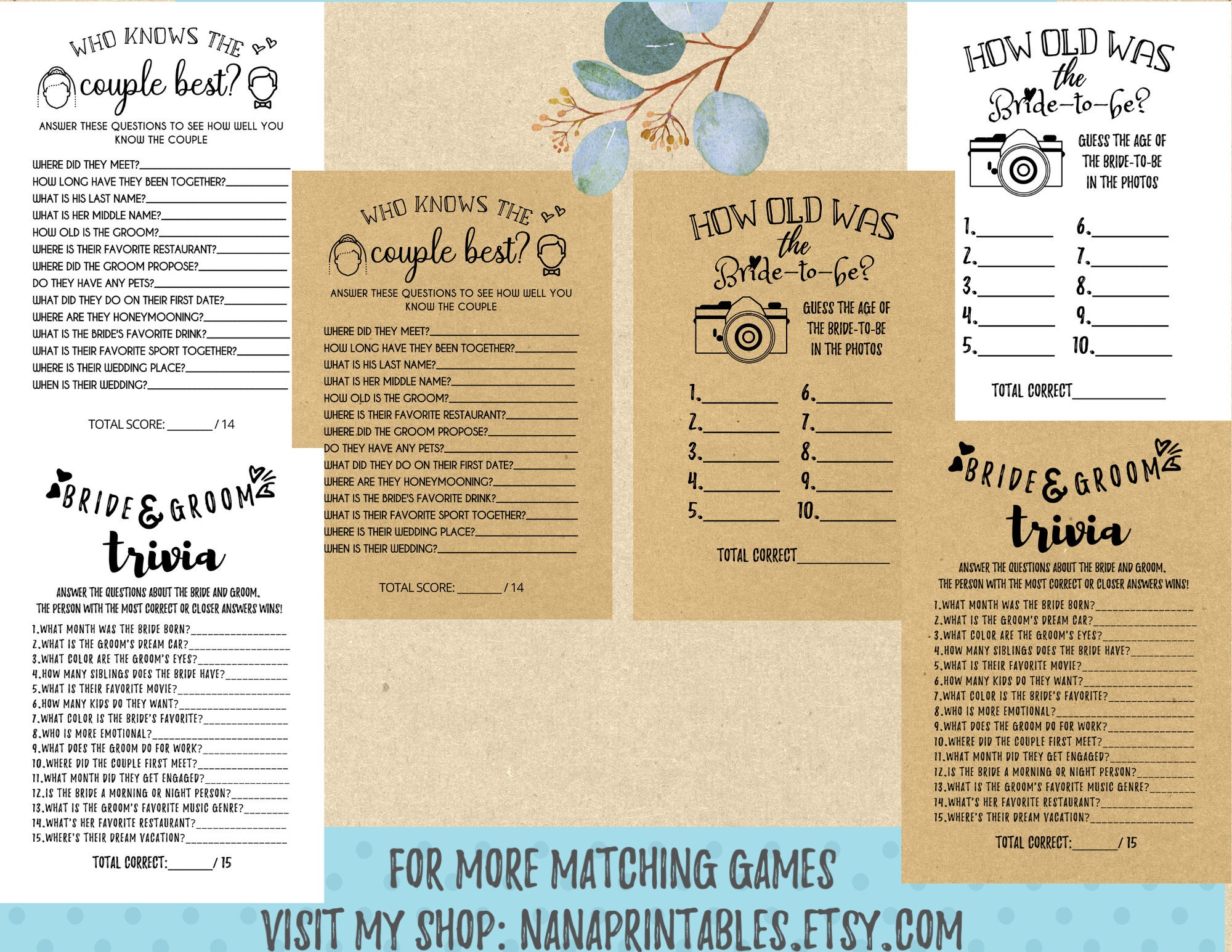 Bridal Shower Games Bundle 8 in 1 Bridal Shower Games Bridal | Etsy