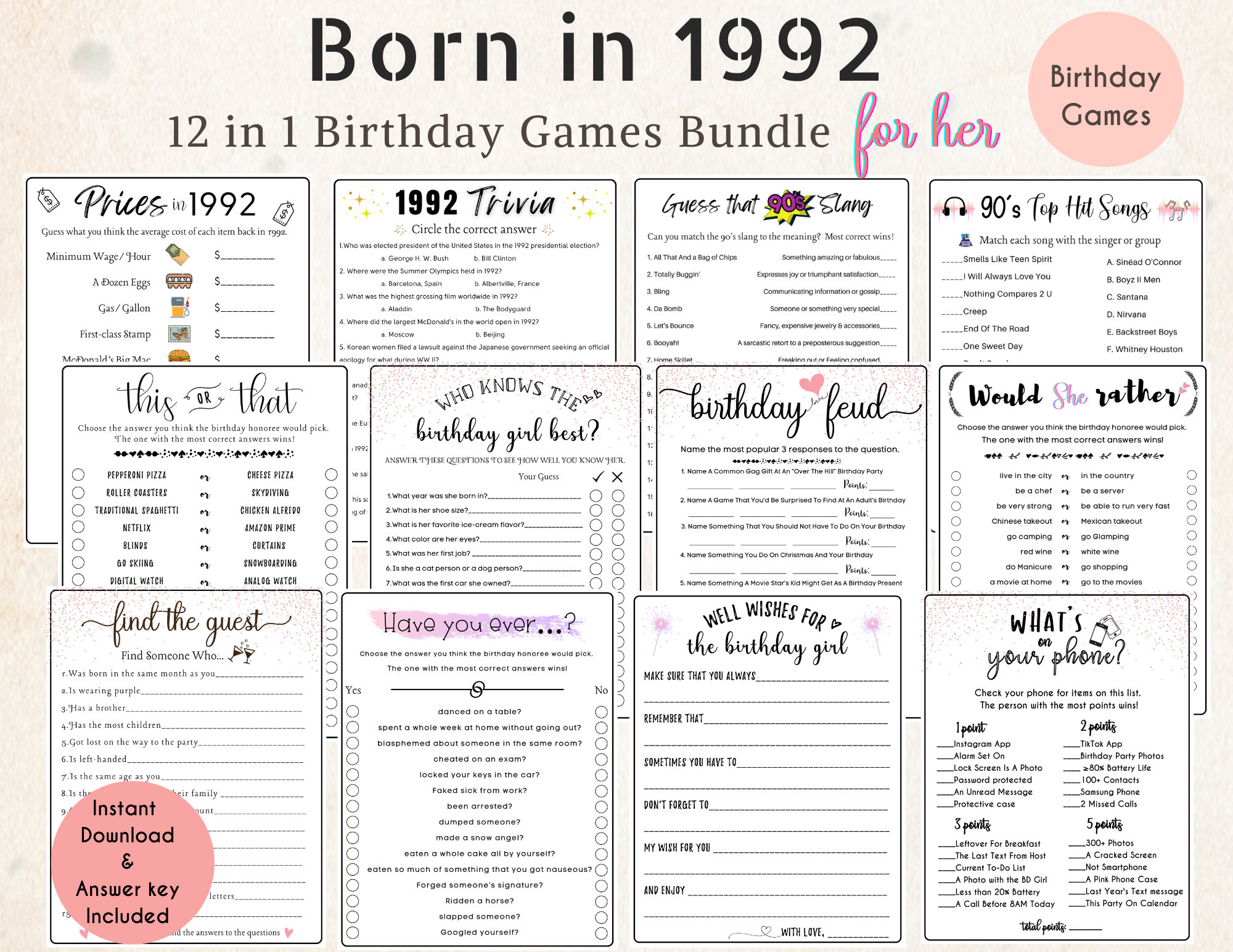 32nd Birthday Printable Games for Women, Born in 1992 Games Bundle for ...