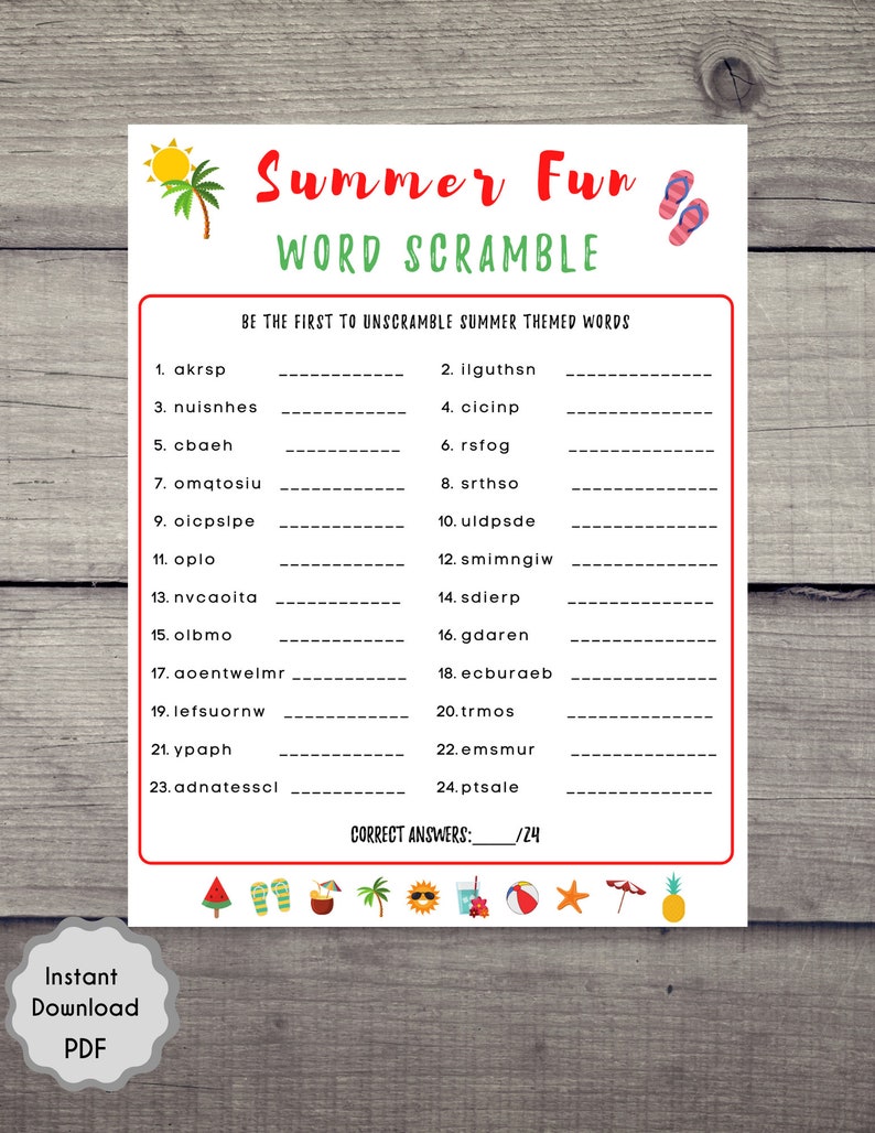 Summer Fun Word Scramble Game Pool Party Summer Party Game | Etsy