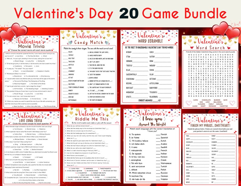20 Valentines Day Printable Game Bundle Fun Valentines Party - Etsy