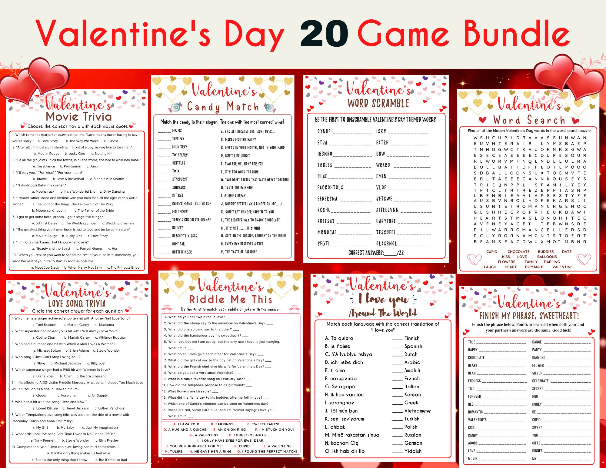 20 Valentines Day Printable Game Bundle Fun Valentines Party - Etsy