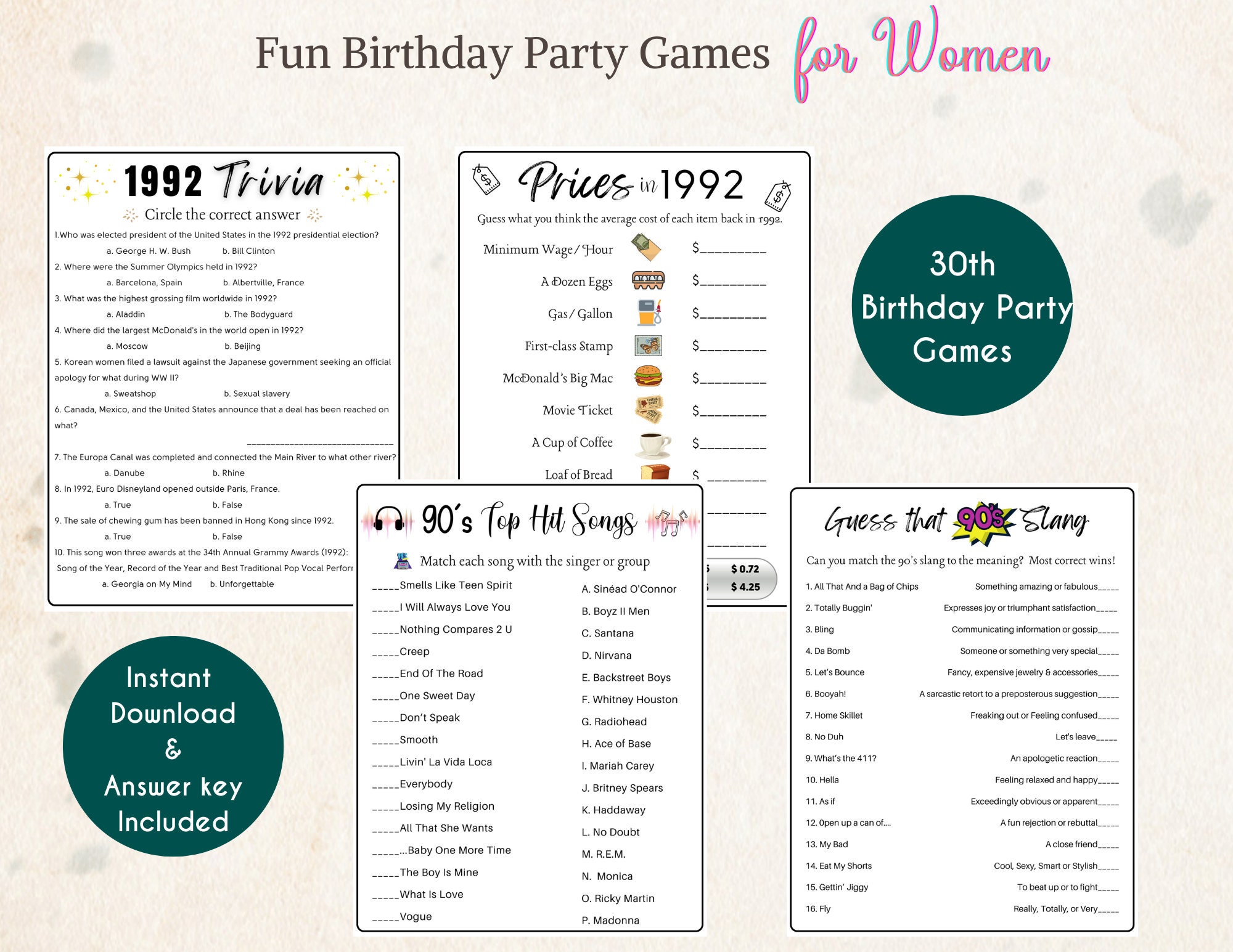 32nd Birthday Printable Games for Women, Born in 1992 Games Bundle for ...