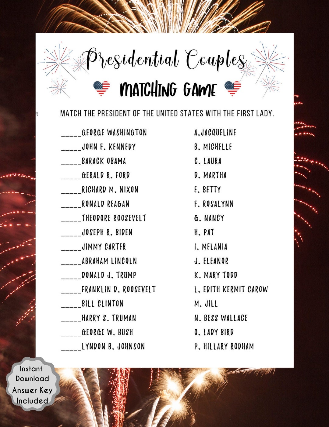 Fourth of July Presidential Couples Matching Game | Independence Day ...
