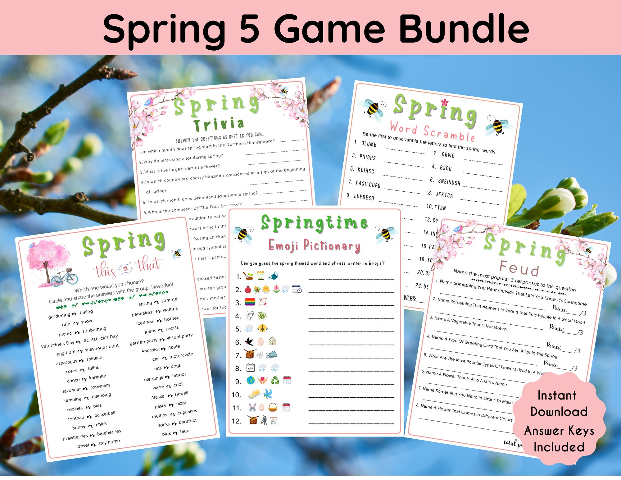 5 Spring Printable Game Bundle Fun Spring Party Games Springtime ...