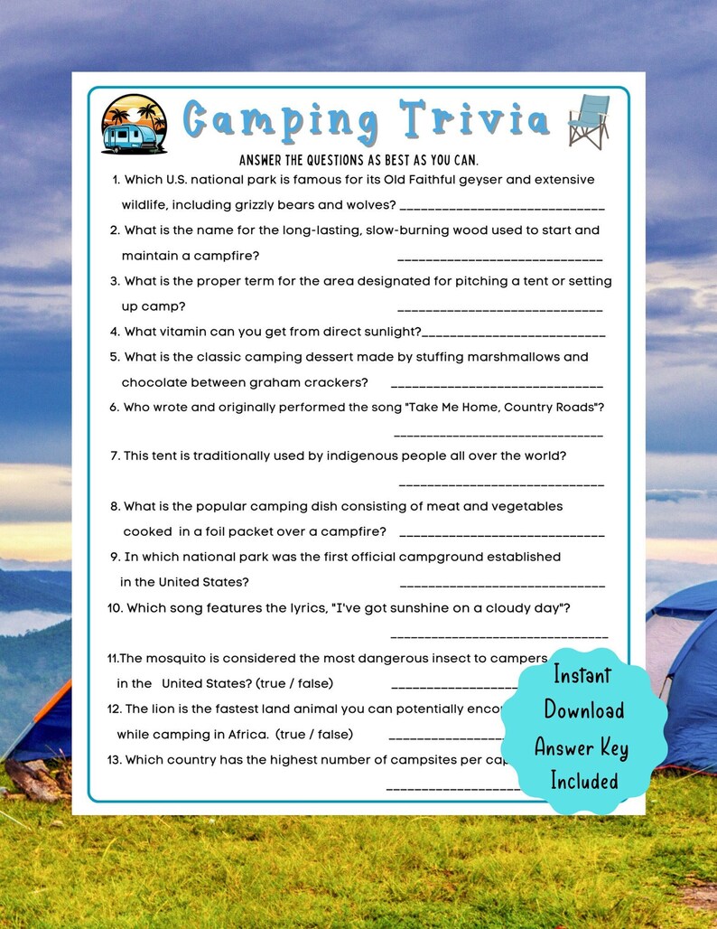 Camping Trivia Game Fun Printable Camping Trivia Game Campsite Game ...