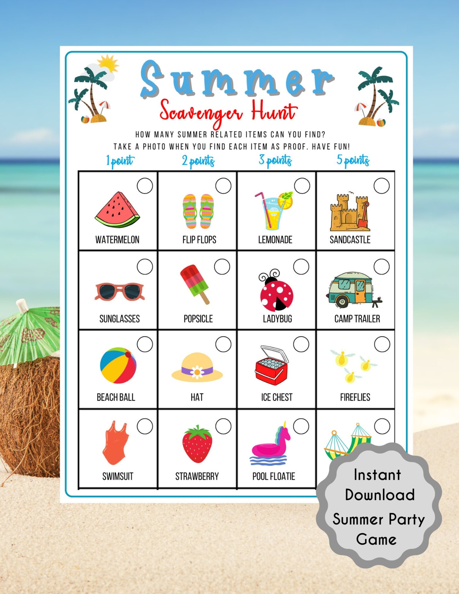 Summer Scavenger Hunt Game Summer Fun Game Summer Party - Etsy