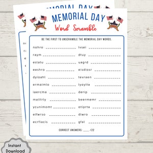 Memorial Day Word Scramble Game Game for Kids & Adults Memorial Day ...