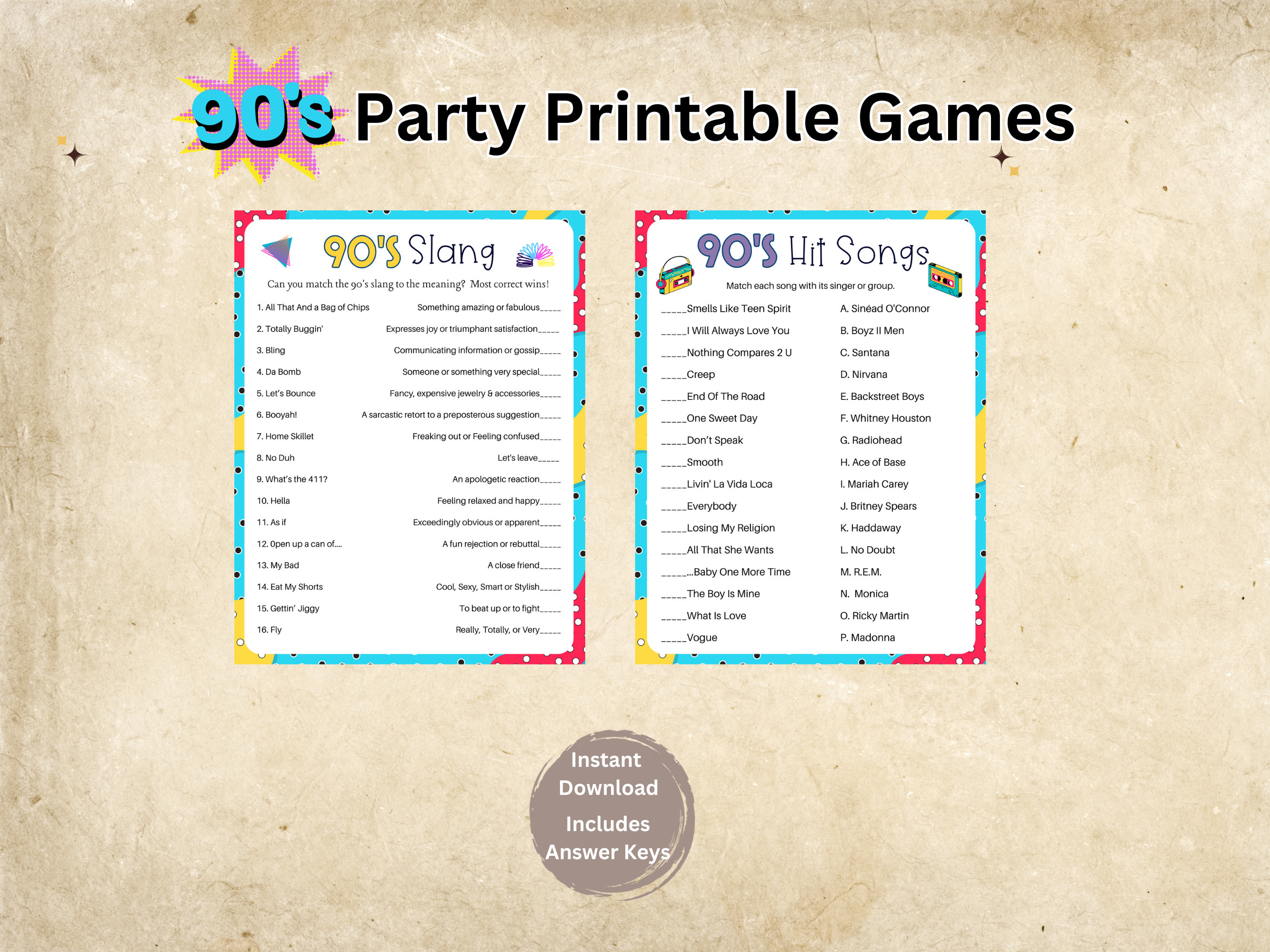 90s Party Games Printable, 1990s Theme Party Games, 90s Music Movie ...