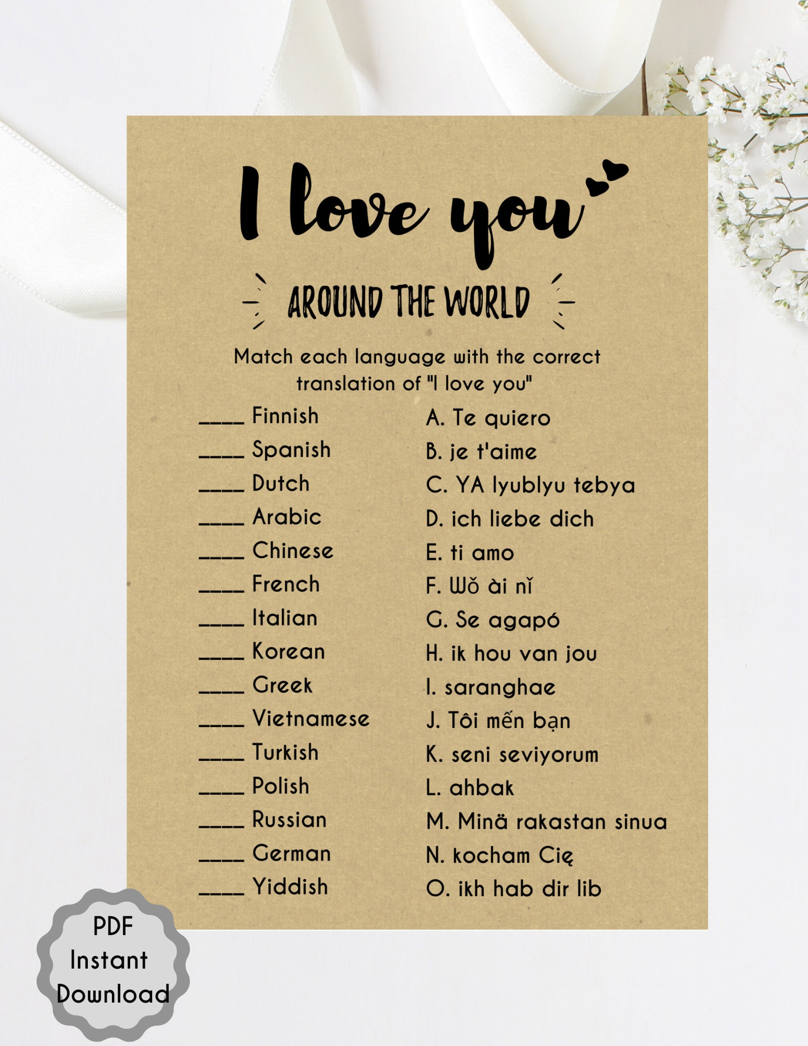 I Love You Around the World Bridal Shower Game Printable - Etsy