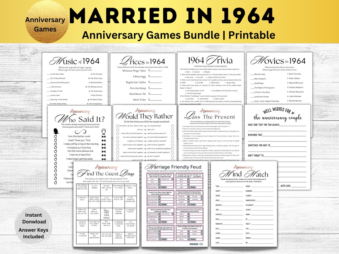 61st Anniversary Games: 1964 Trivia, Bingo Bundle (printable) - Etsy