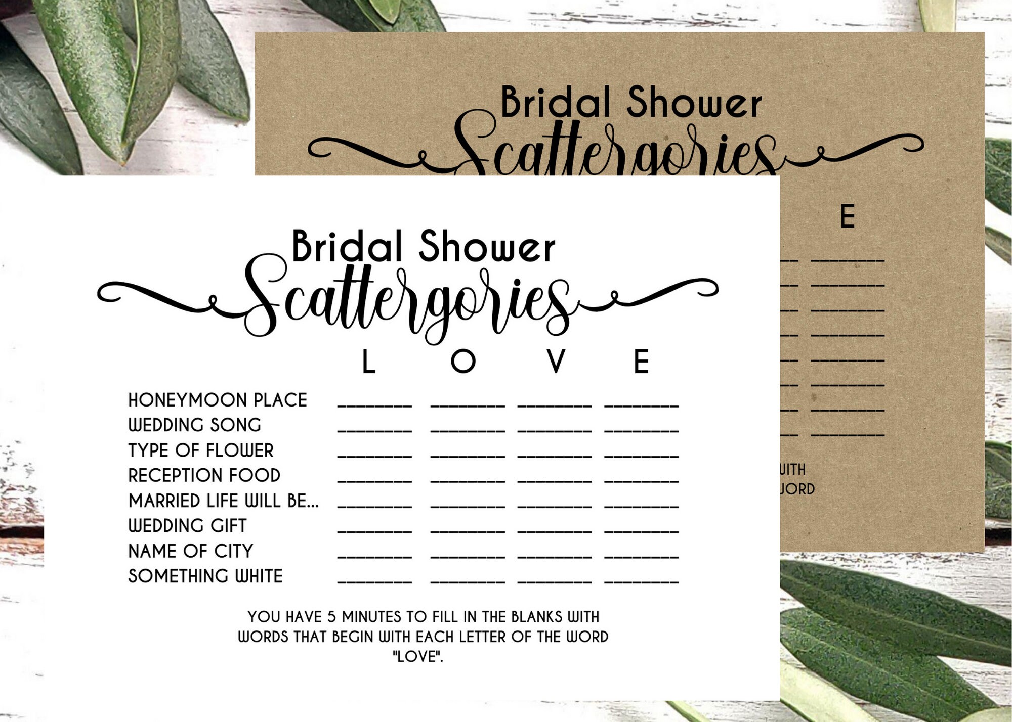 Bridal Shower Scattergories LOVE Game, Printable Instant Download ...