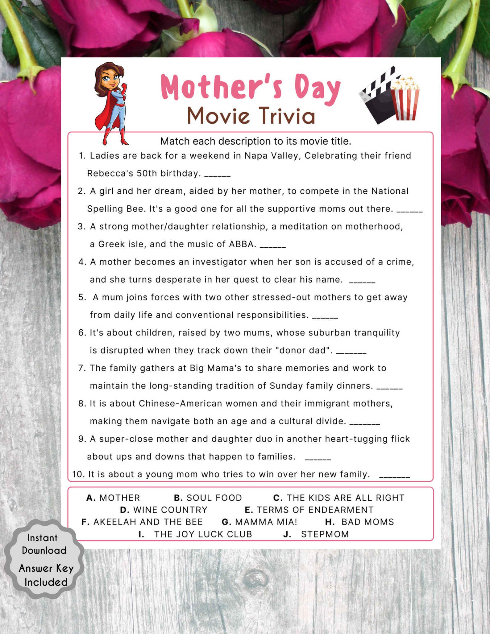 Mother's Day Movie Trivia Game Mother's Day Game for | Etsy