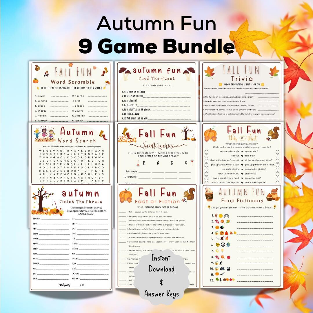 Fall Fun 9 Game Bundle Printable for Kids and Adults | Fall Trivia ...