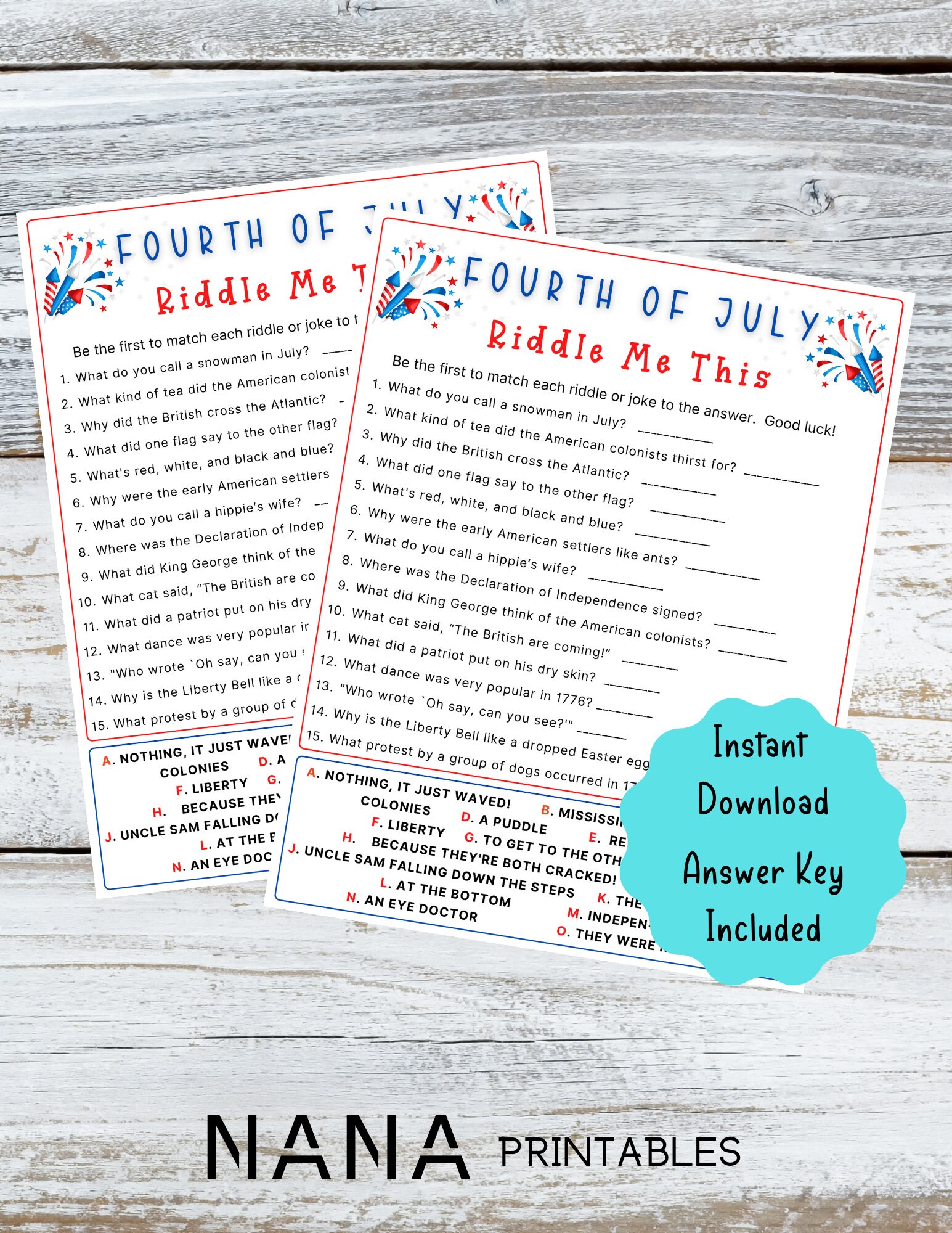 Fourth of July Riddle Me This Game Independence Day Game Fourth of July ...