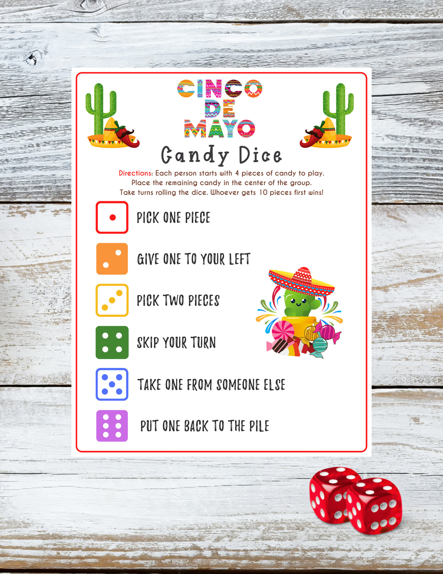 Cinco De Mayo Candy Dice Game L Printable Game Mexican Fiesta Game Fun ...