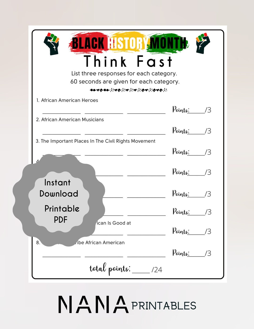 Black History Month Think Fast Game, Fun Educational Game, Black ...