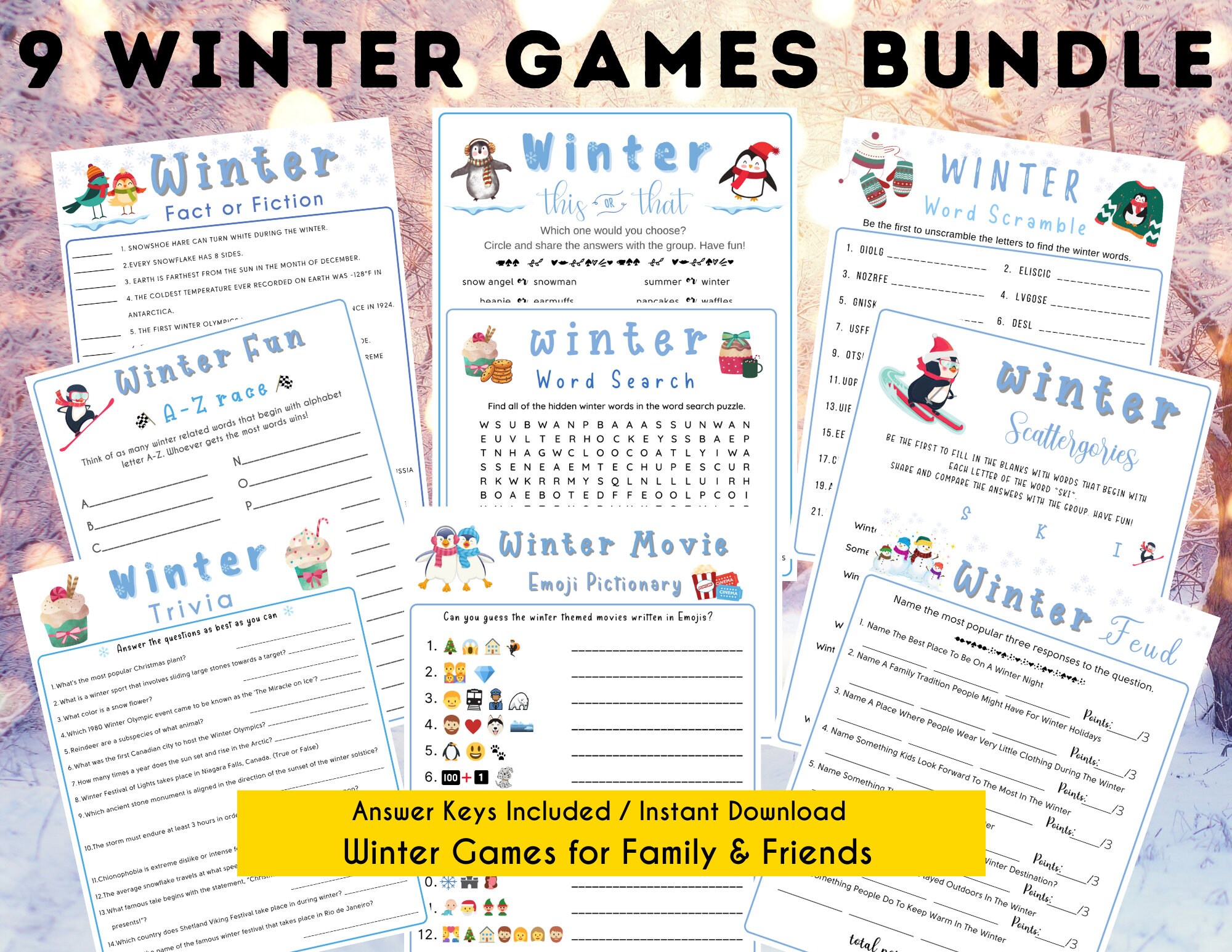 Party Supplies 9 Winter Printable Game Bundle Office Party game Holiday ...