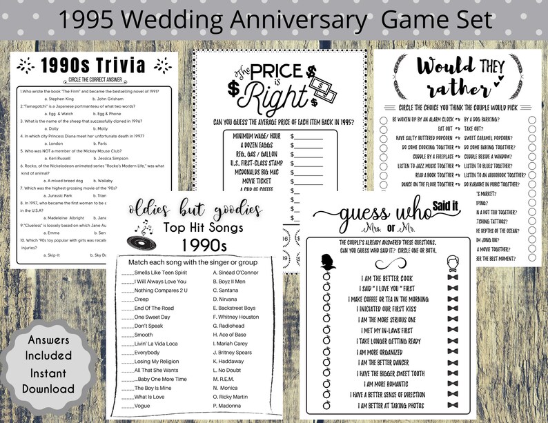 1995 29th Wedding Anniversary Games Bundle Printable 1995 Anniversary ...