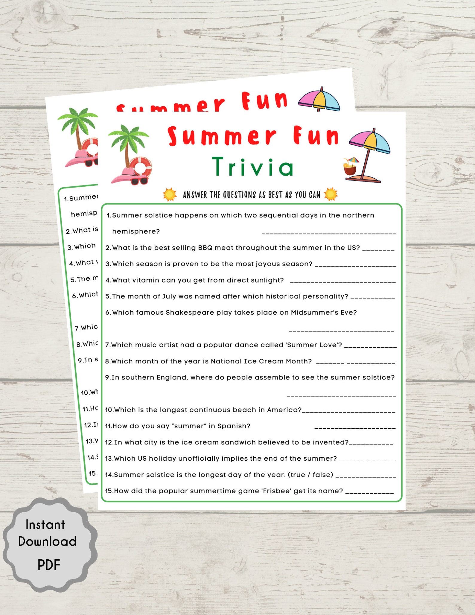 Summer Fun Trivia Game Summertime Game Summer Party Game | Etsy