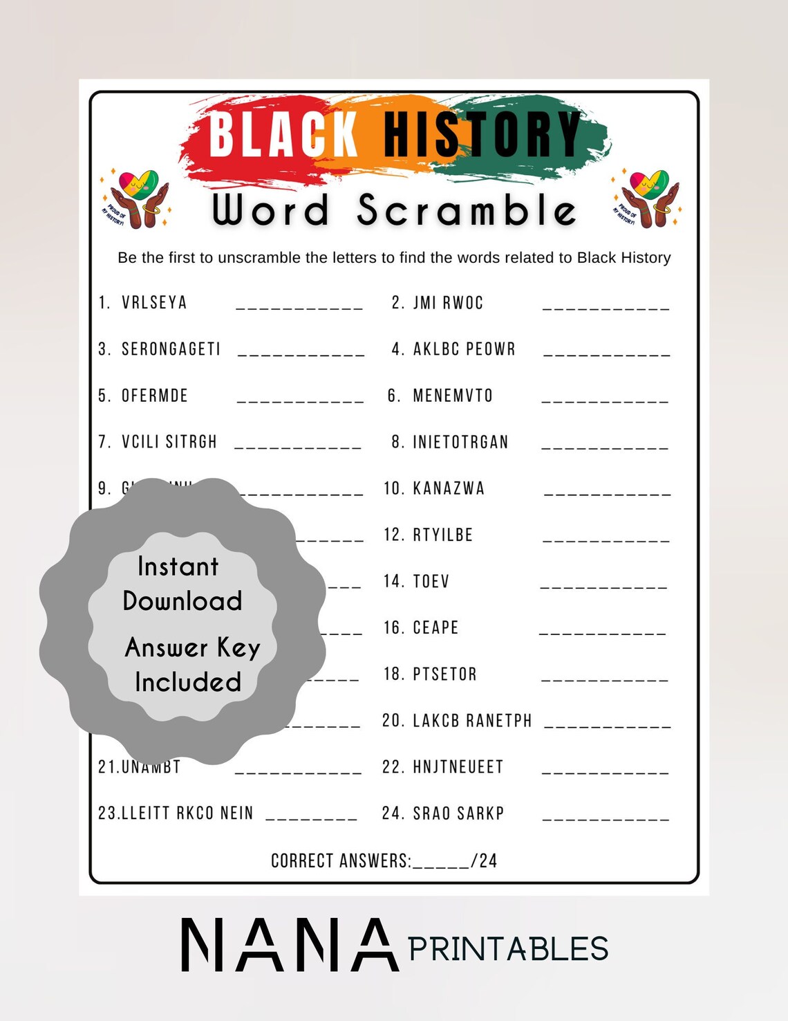 Black History Word Scramble Game: Educational Kids Quiz (printable PDF ...