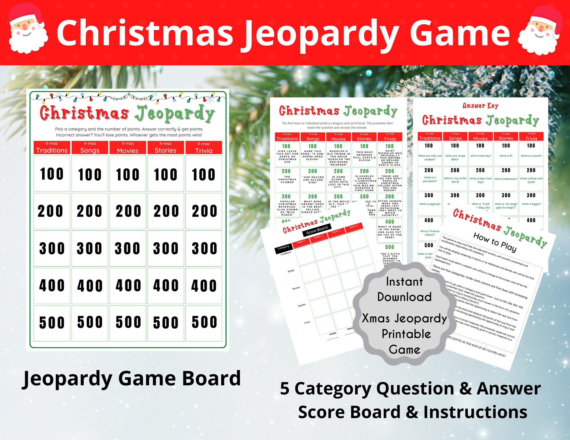 Christmas Jeopady Game Printable Fun Xmas Games All Ages Holiday Party ...