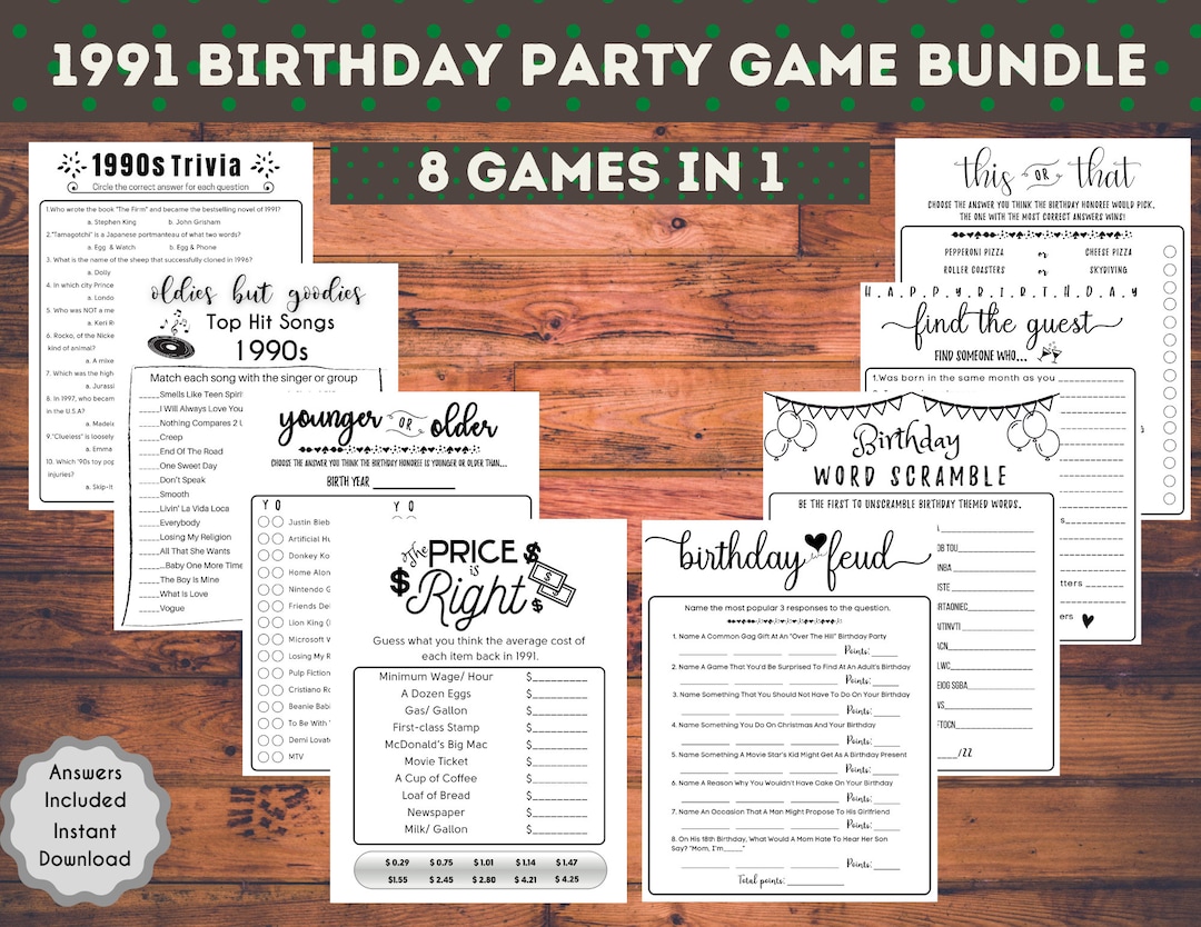 1991 33rd Birthday Printable Party Games, Born in 1991 Birthday Games ...