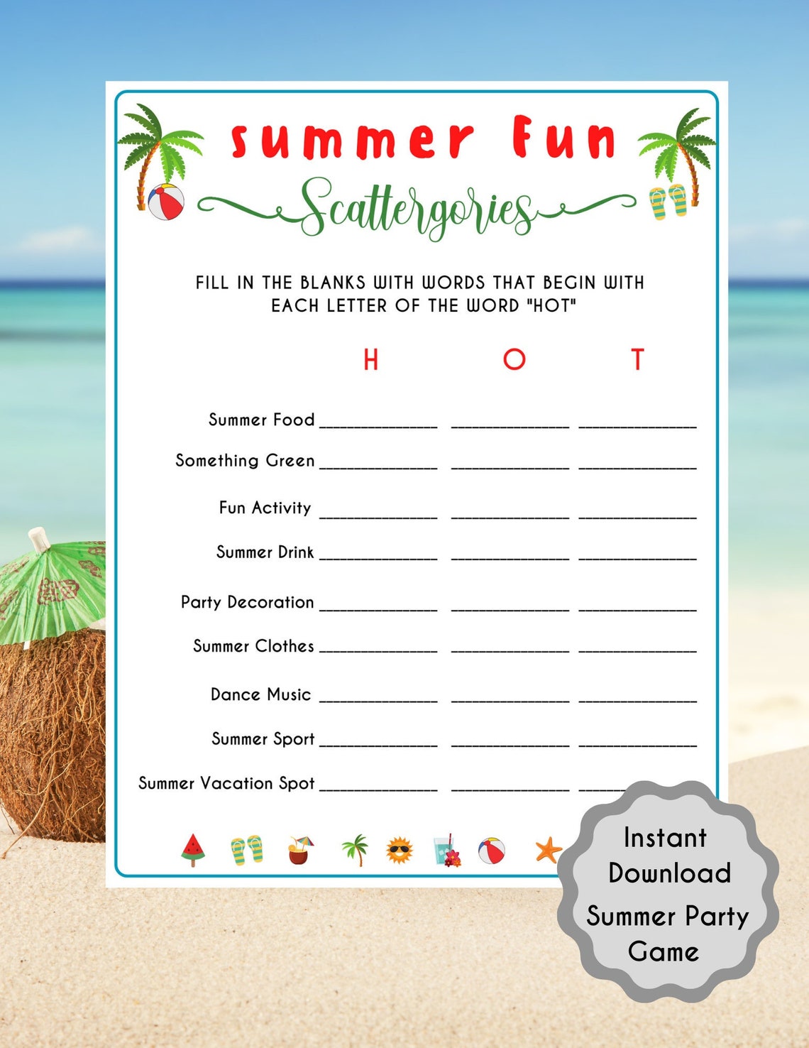 Summer Fun Scattergories Game Summer Fun Game Summer Party - Etsy