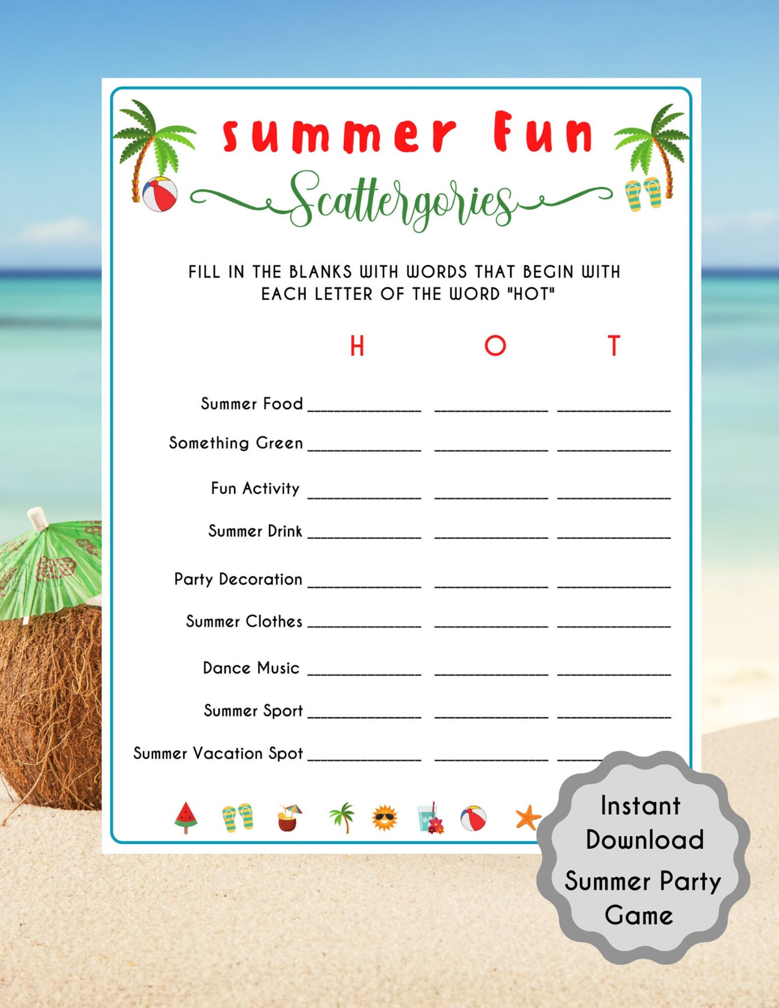 Summer Fun Scattergories Game Summer Fun Game Summer Party Game ...