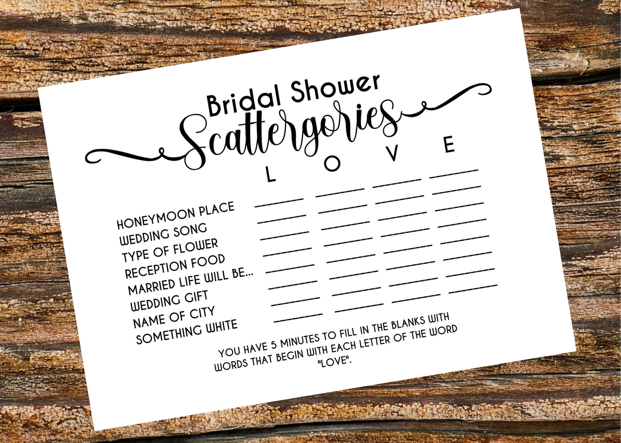Bridal Shower Scattergories LOVE Game, Printable Instant Download ...