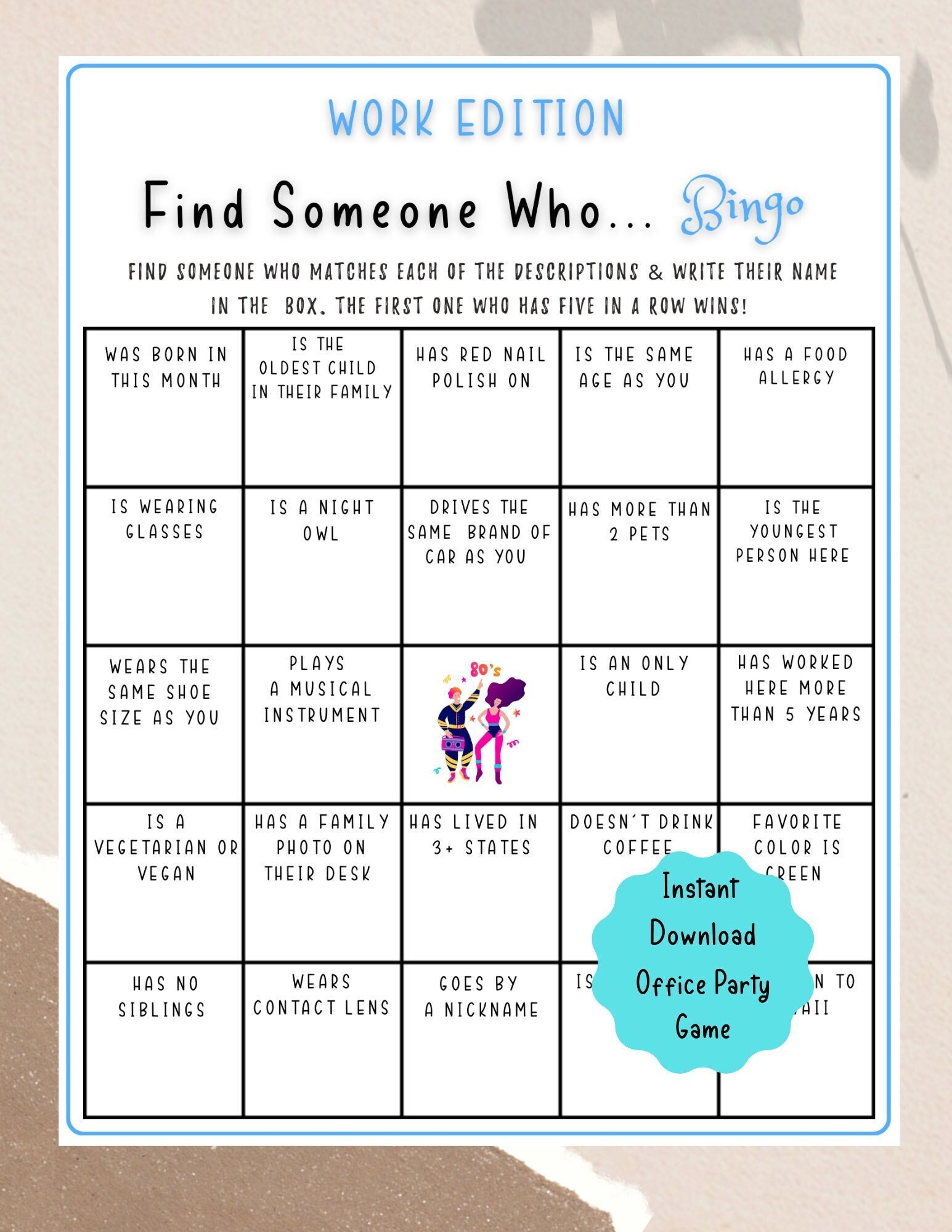 Find Someone Who Bingo: Office Party Game (PDF Download) - Etsy