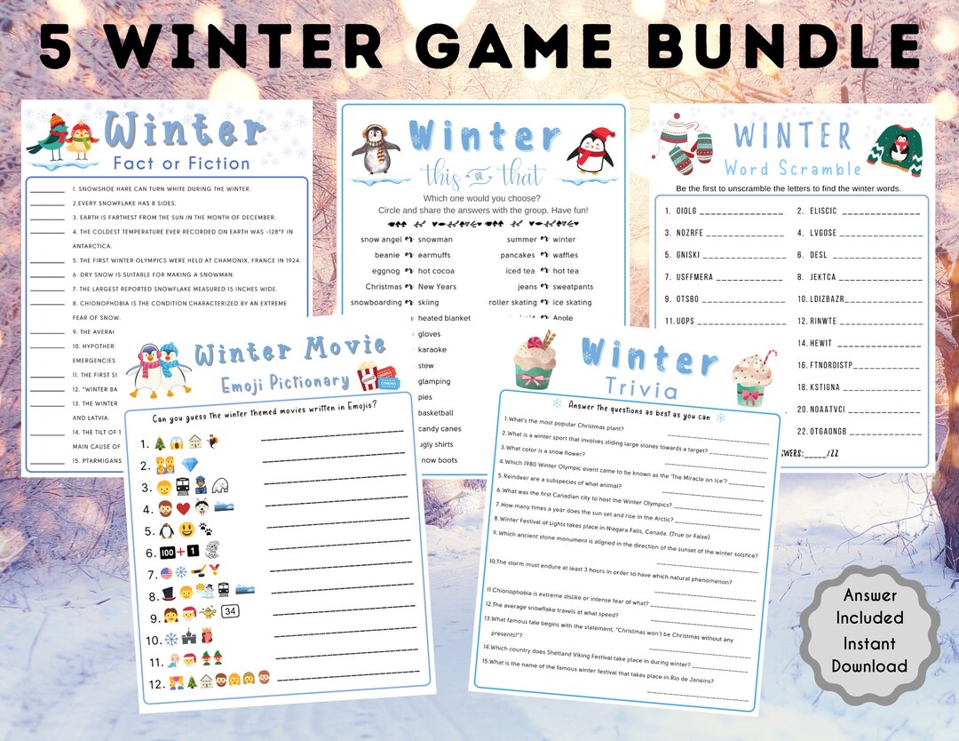 Winter Printable Game Bundle: Trivia, Word Scramble, Pictionary (PDF ...
