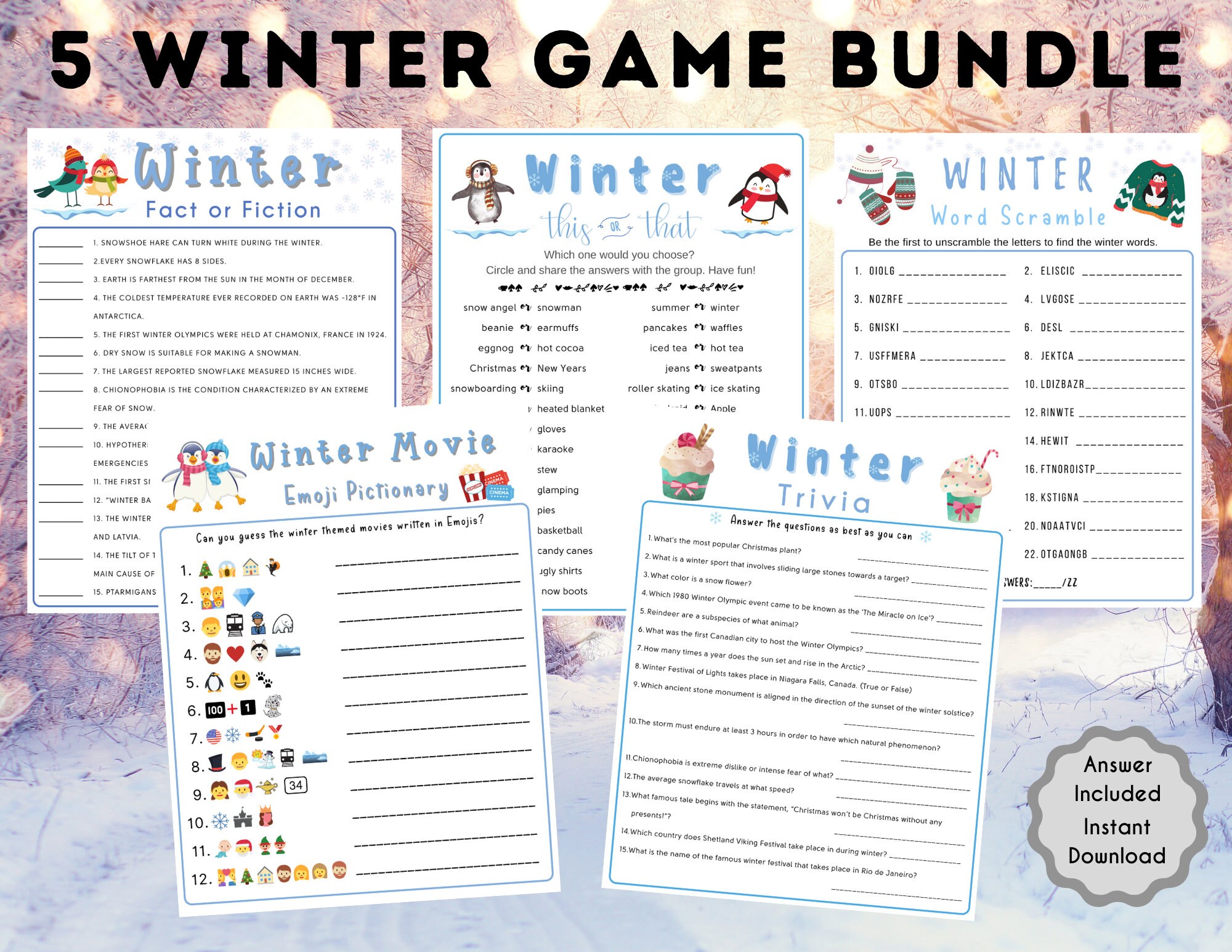 Party Supplies 9 Winter Printable Game Bundle Office Party game Holiday ...