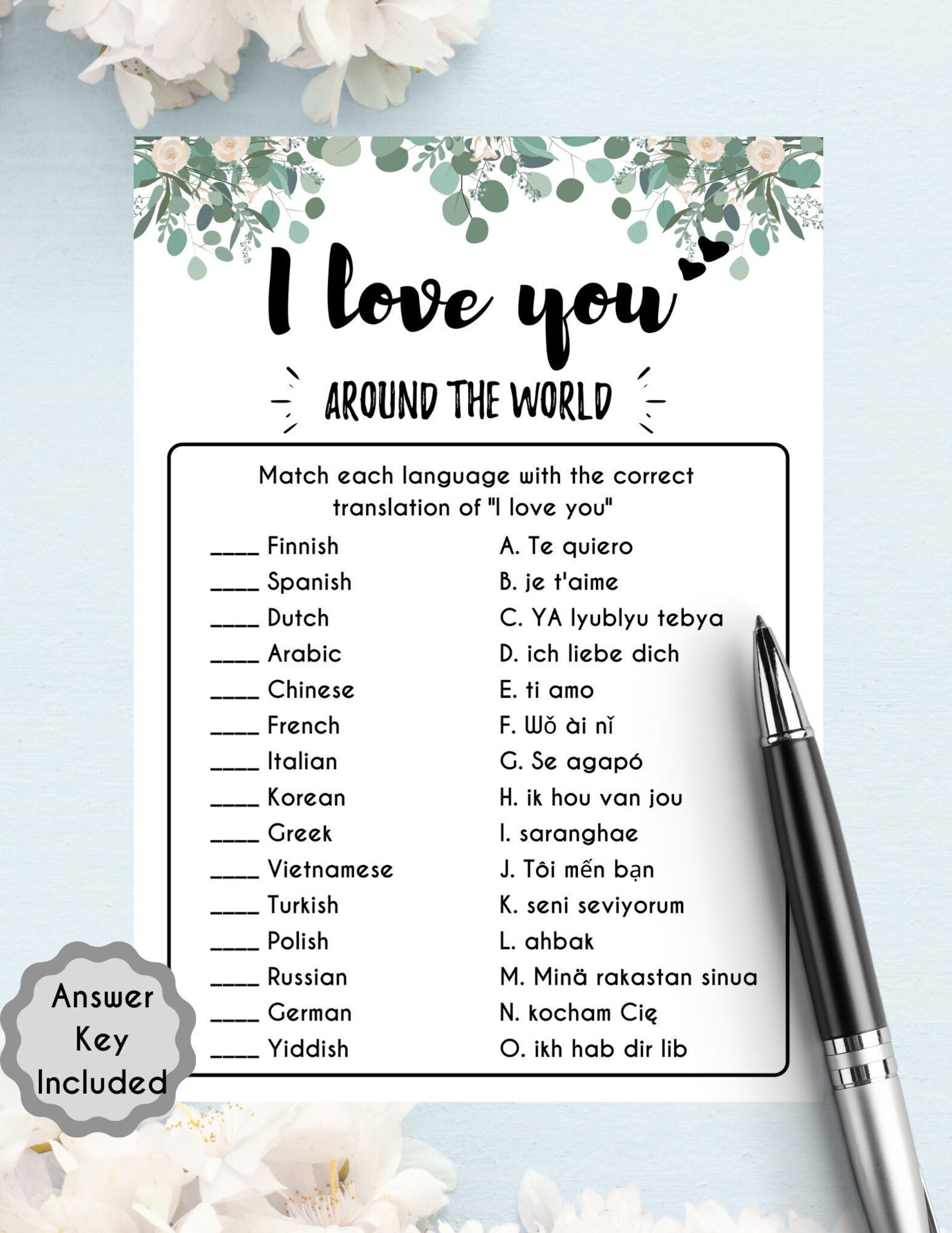 I Love You Around The World Bridal Shower Game L Party Game L Etsy