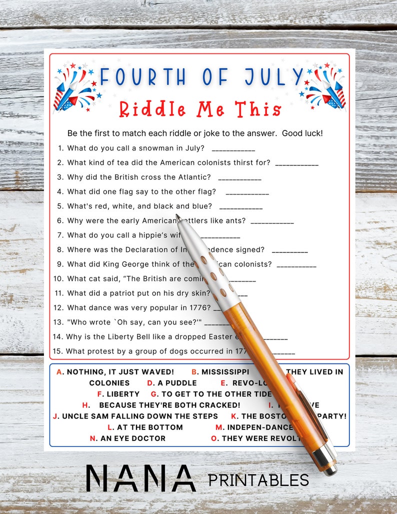 Fourth of July Riddle Me This Game Independence Day Game Fourth of July ...