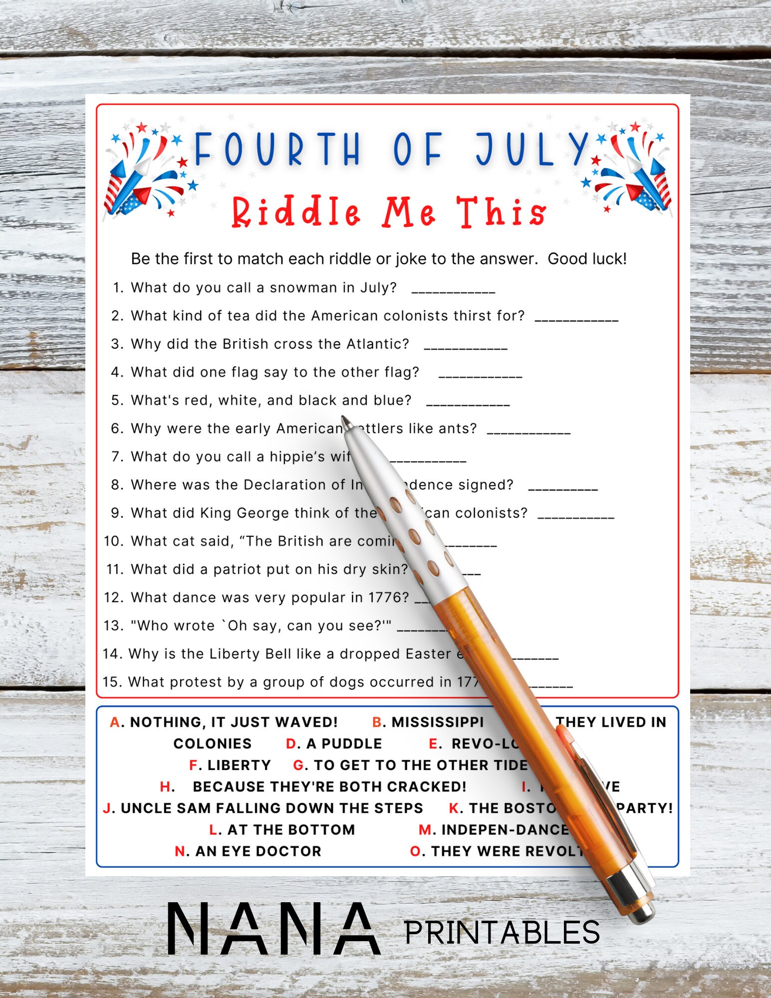 Fourth of July Riddle Me This Game Independence Day Game Fourth of July ...