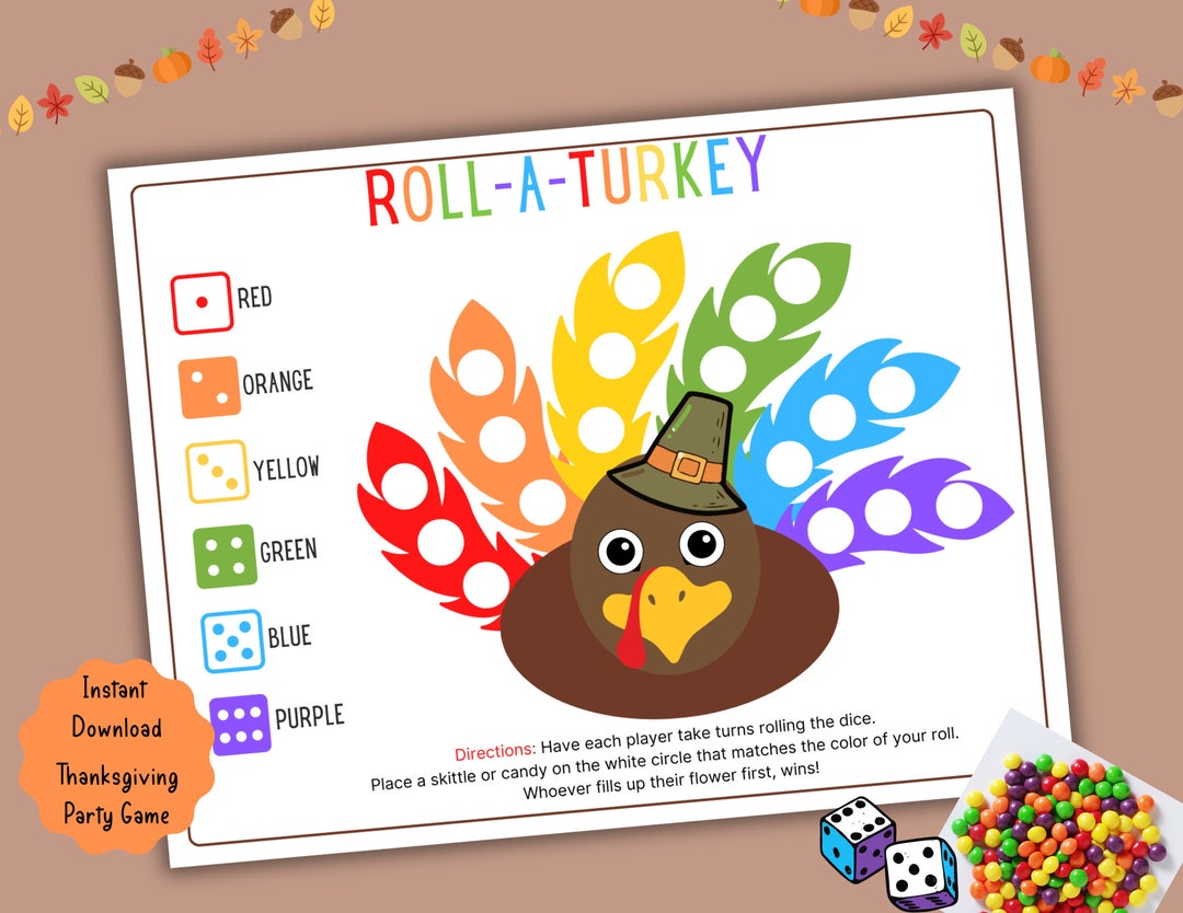 Thanksgiving Game for Kids Roll A Turkey Candy Dice Game Printable ...
