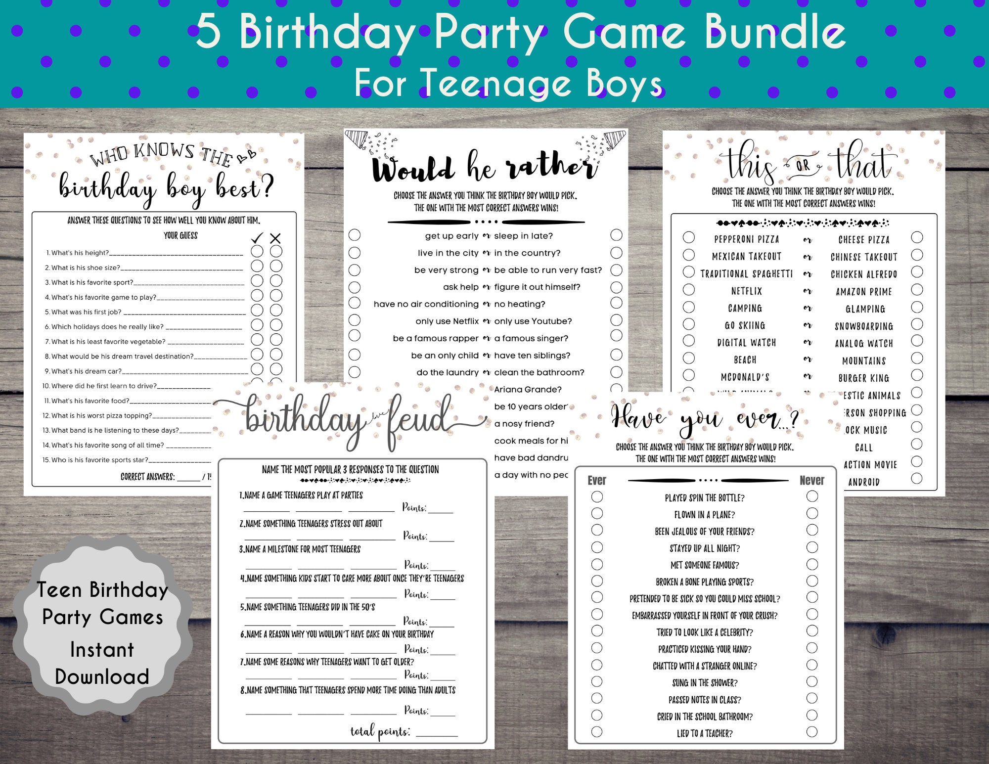 Fun Teen Boys Birthday Game Bundle Birthday Party (Instant Download) - Etsy