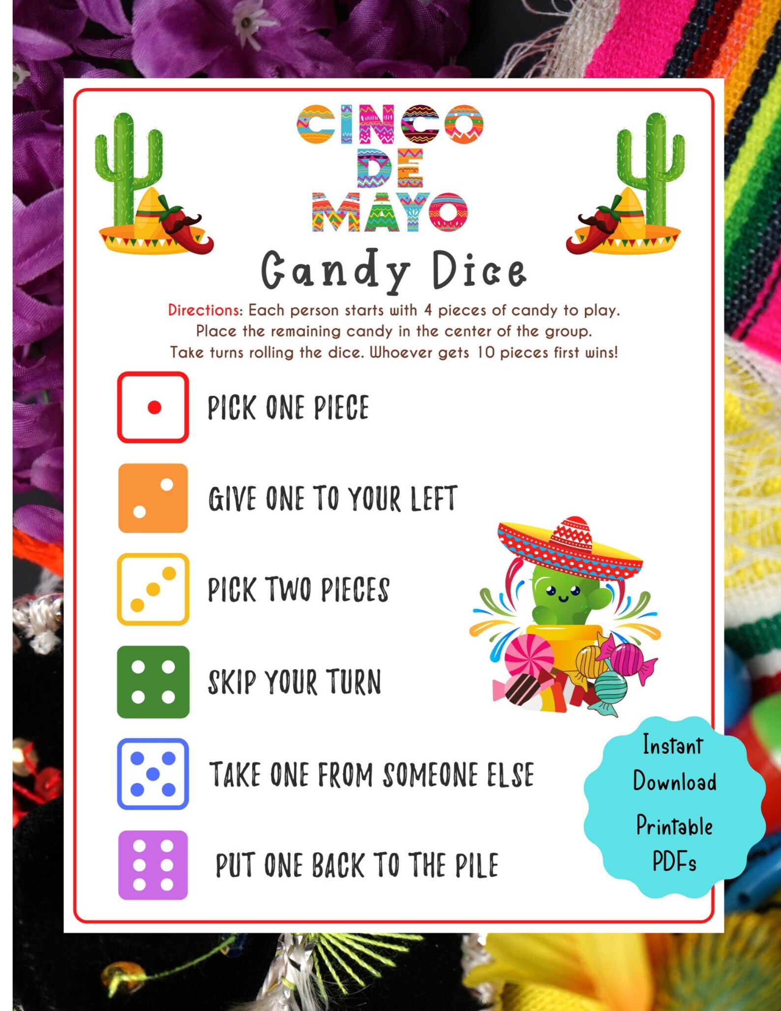 Cinco De Mayo Candy Dice Game L Printable Game Mexican Fiesta Game Fun ...