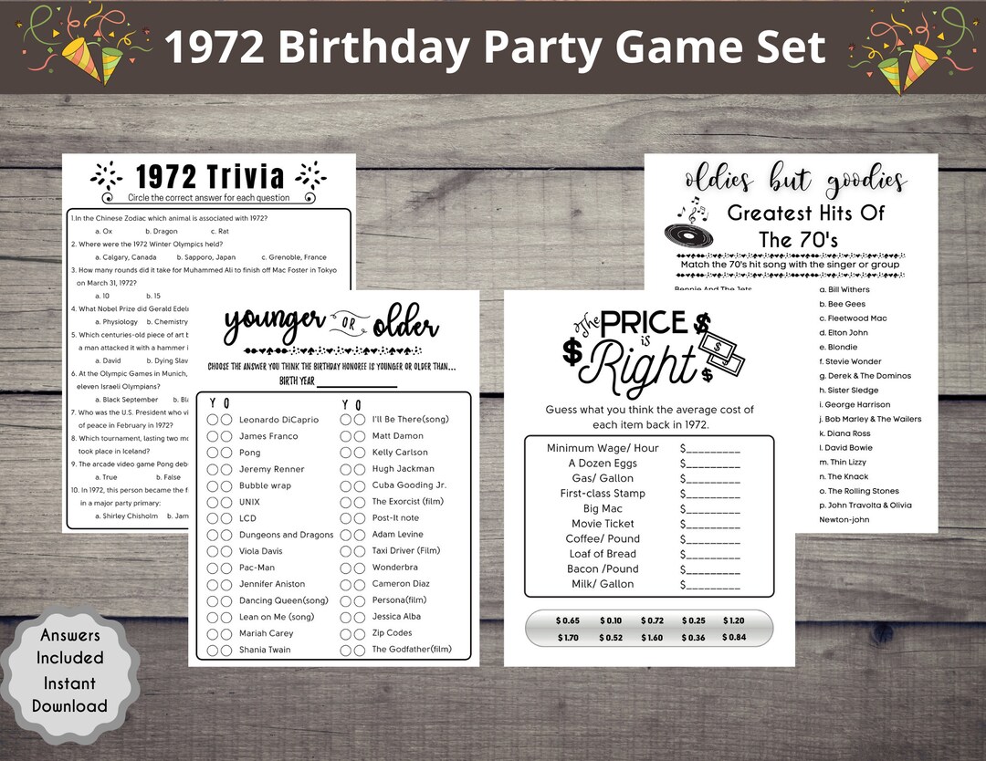 52nd Birthday Games Bundle Printable 1972 Games 52nd Party Activities ...
