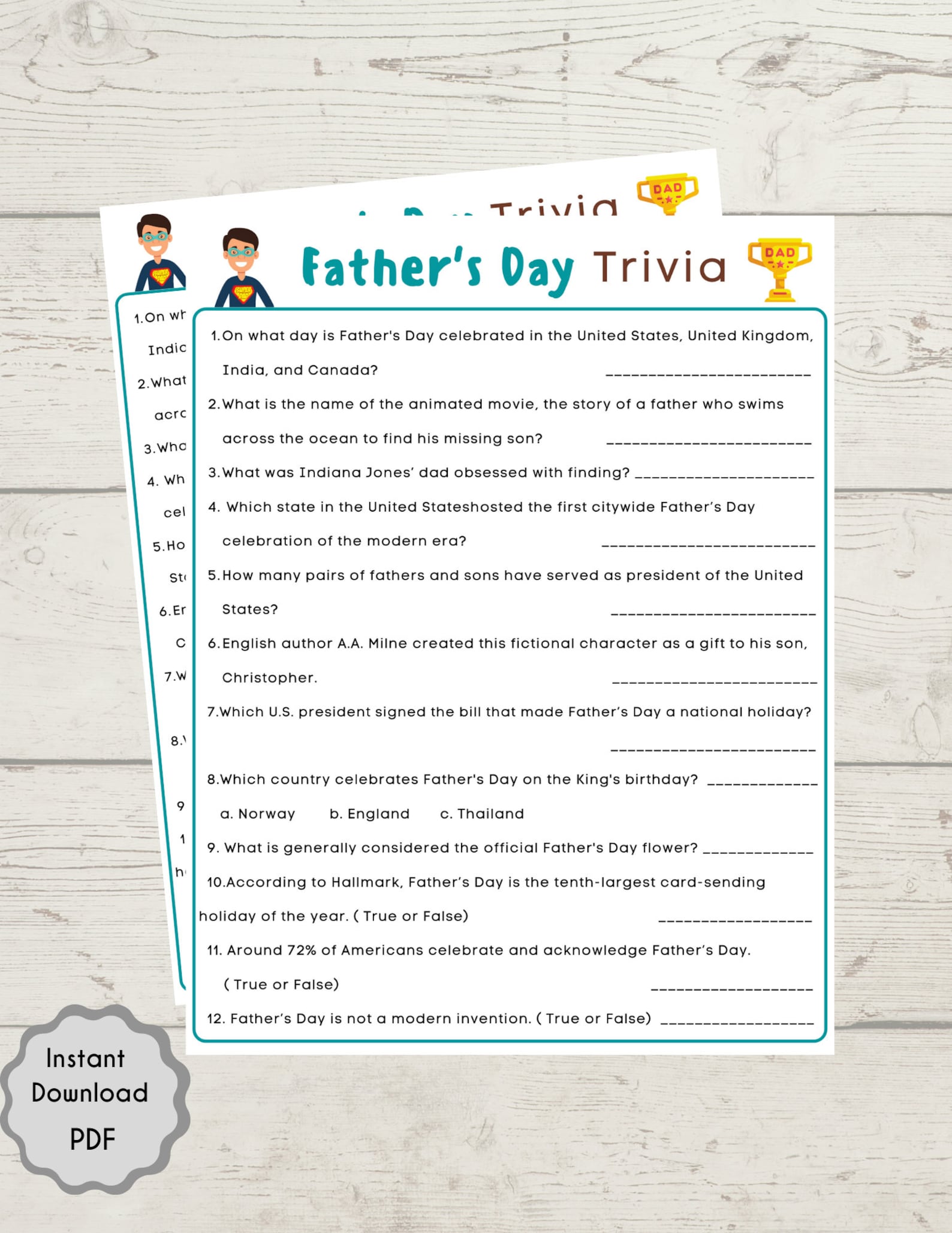 Father's Day Trivia Game Father's Day Game for Kids - Etsy