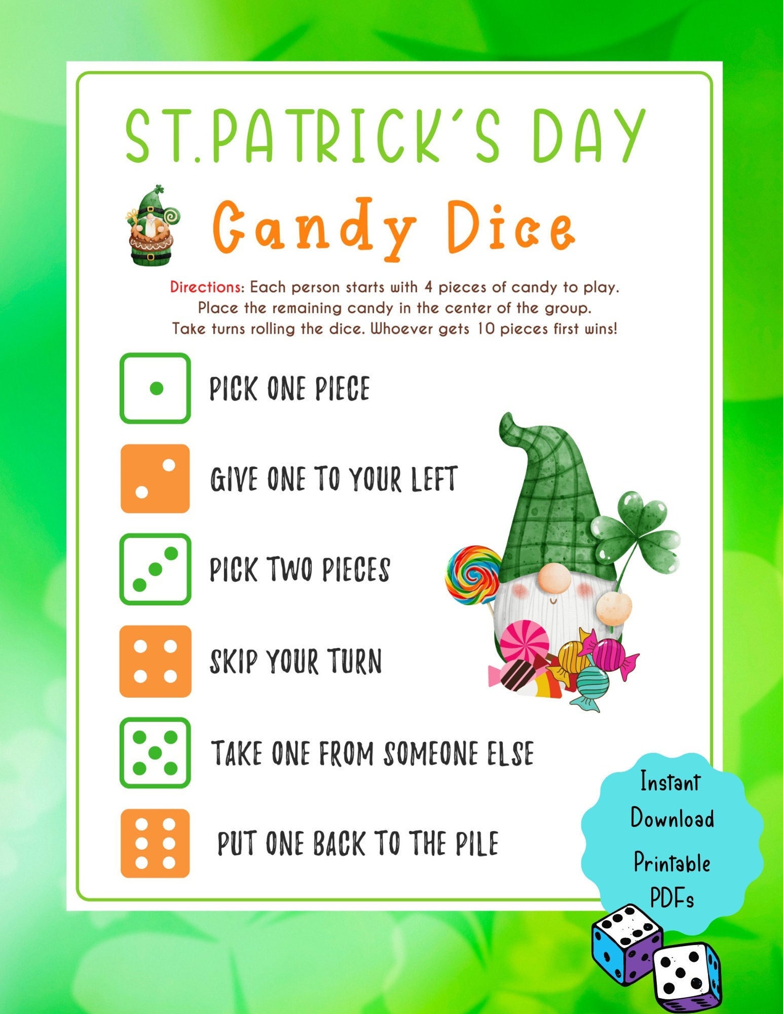 St. Patrick's Day Candy Dice Game St. Patrick's Printable Game for Kids ...