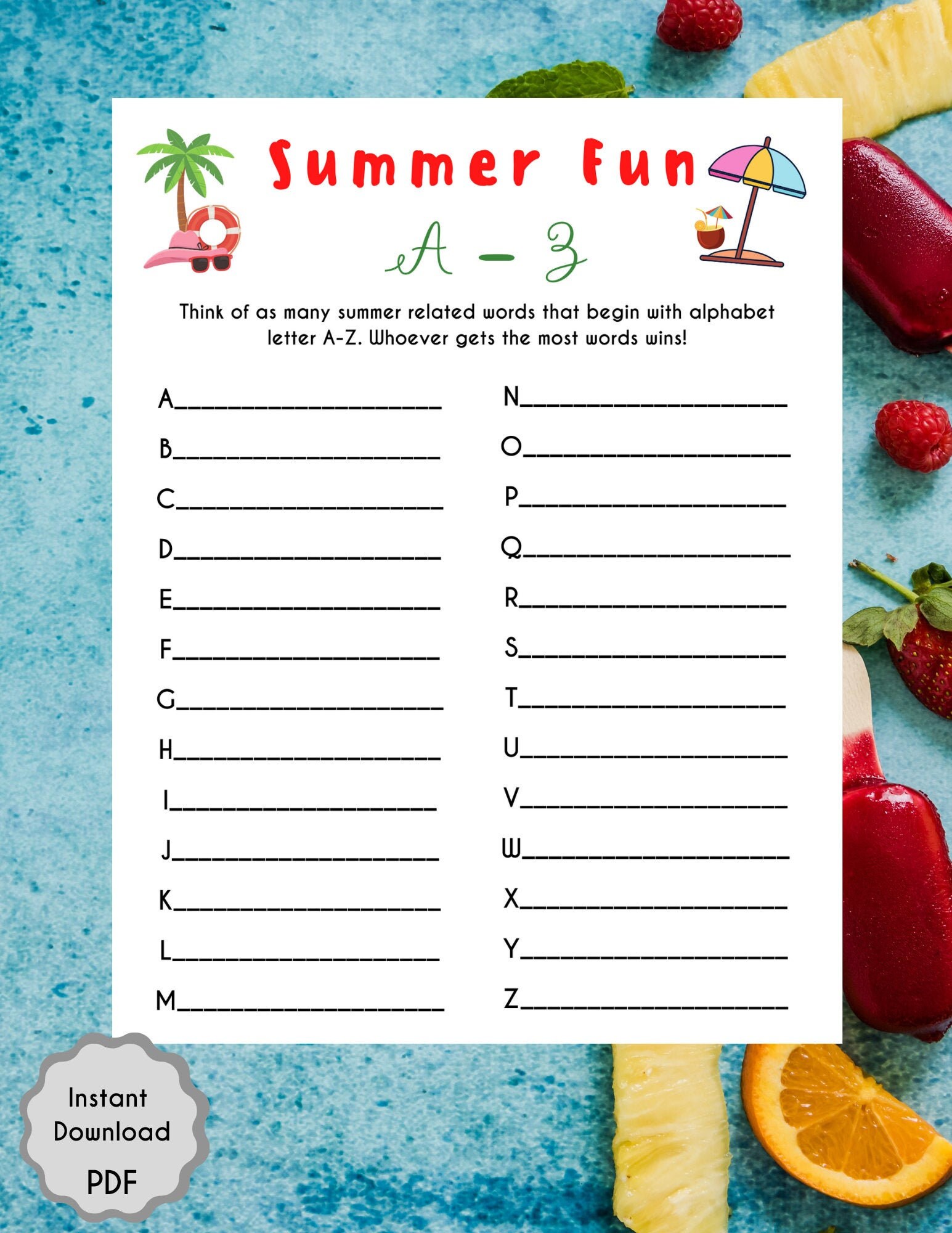 Summer A to Z Word Game Summer Fun Game Summer Party Game | Etsy