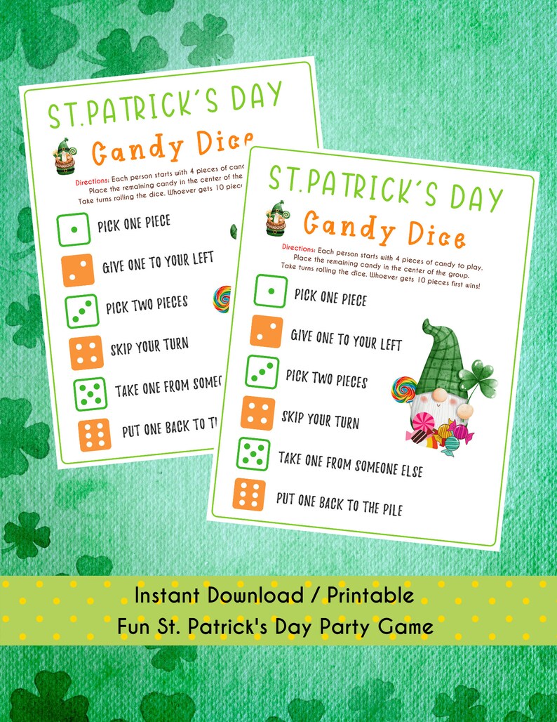 St. Patrick's Day Candy Dice Game St. Patrick's Printable Game for Kids ...